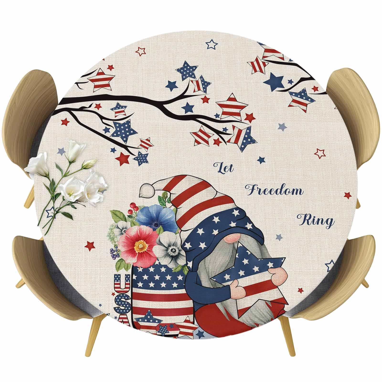 Independence Day Round Tablecloth, Fitted Table Cover with Elastic for ...