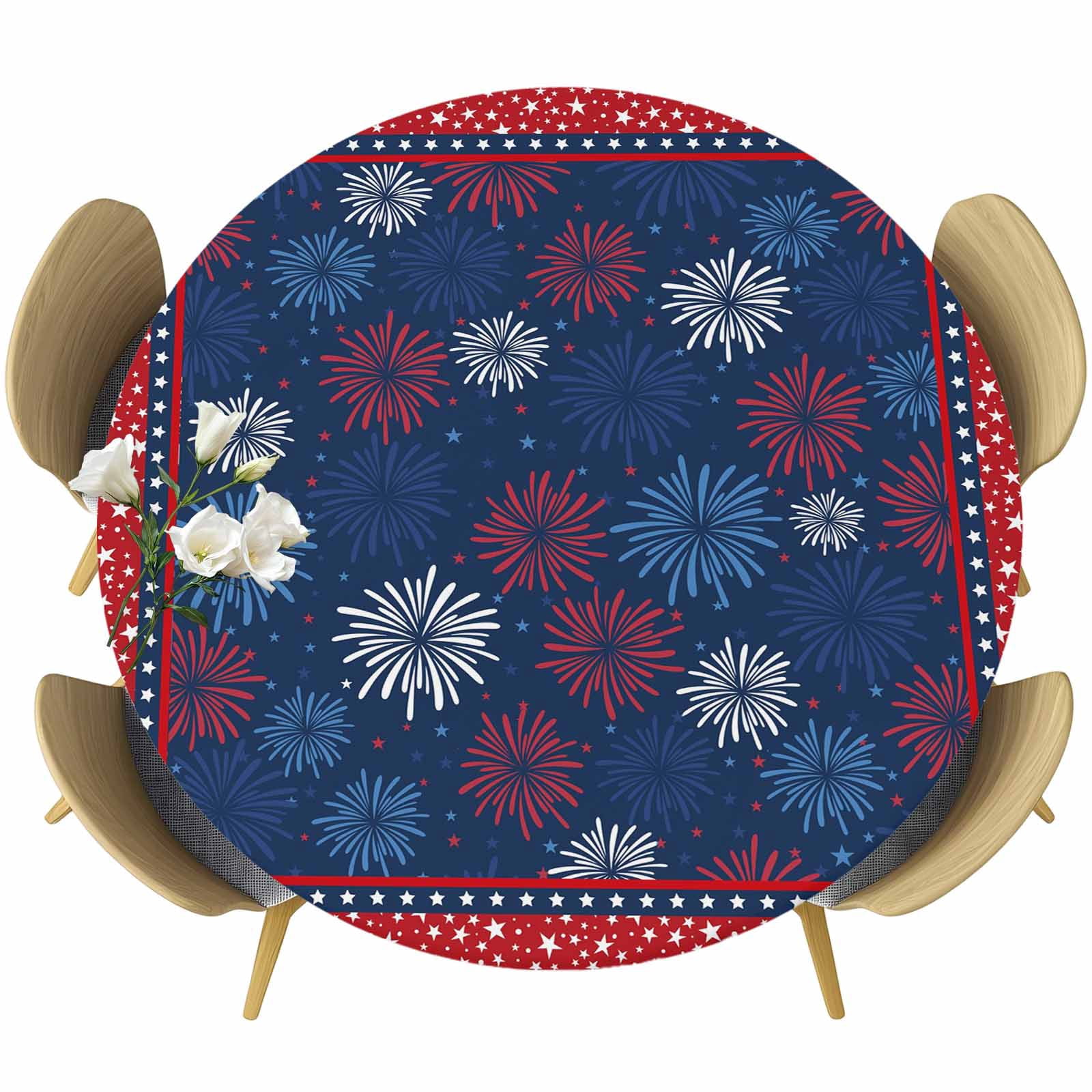 Independence Day Round Tablecloth, Fitted Table Cover with Elastic for ...