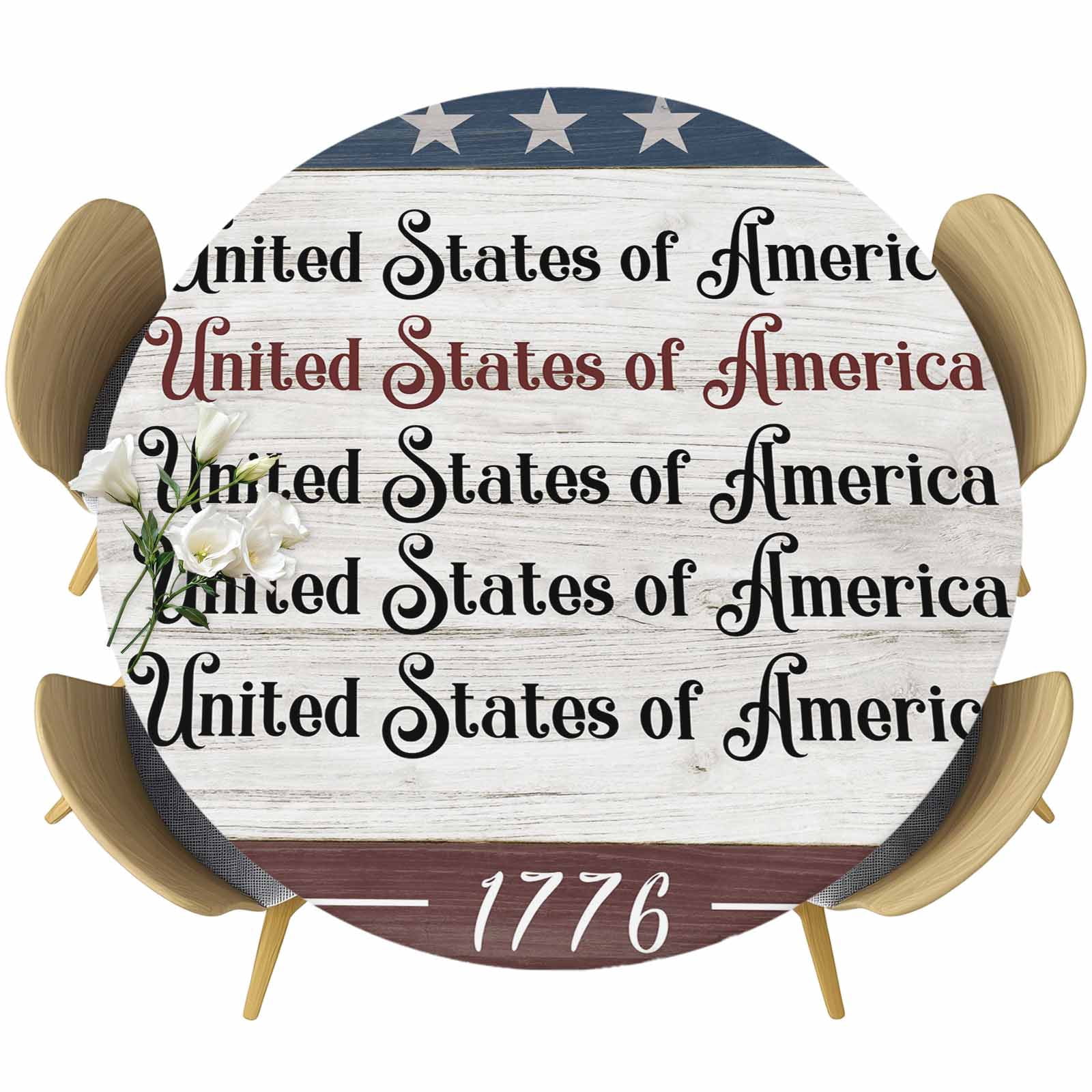 Independence Day Round Tablecloth, Fitted Table Cover with Elastic for ...