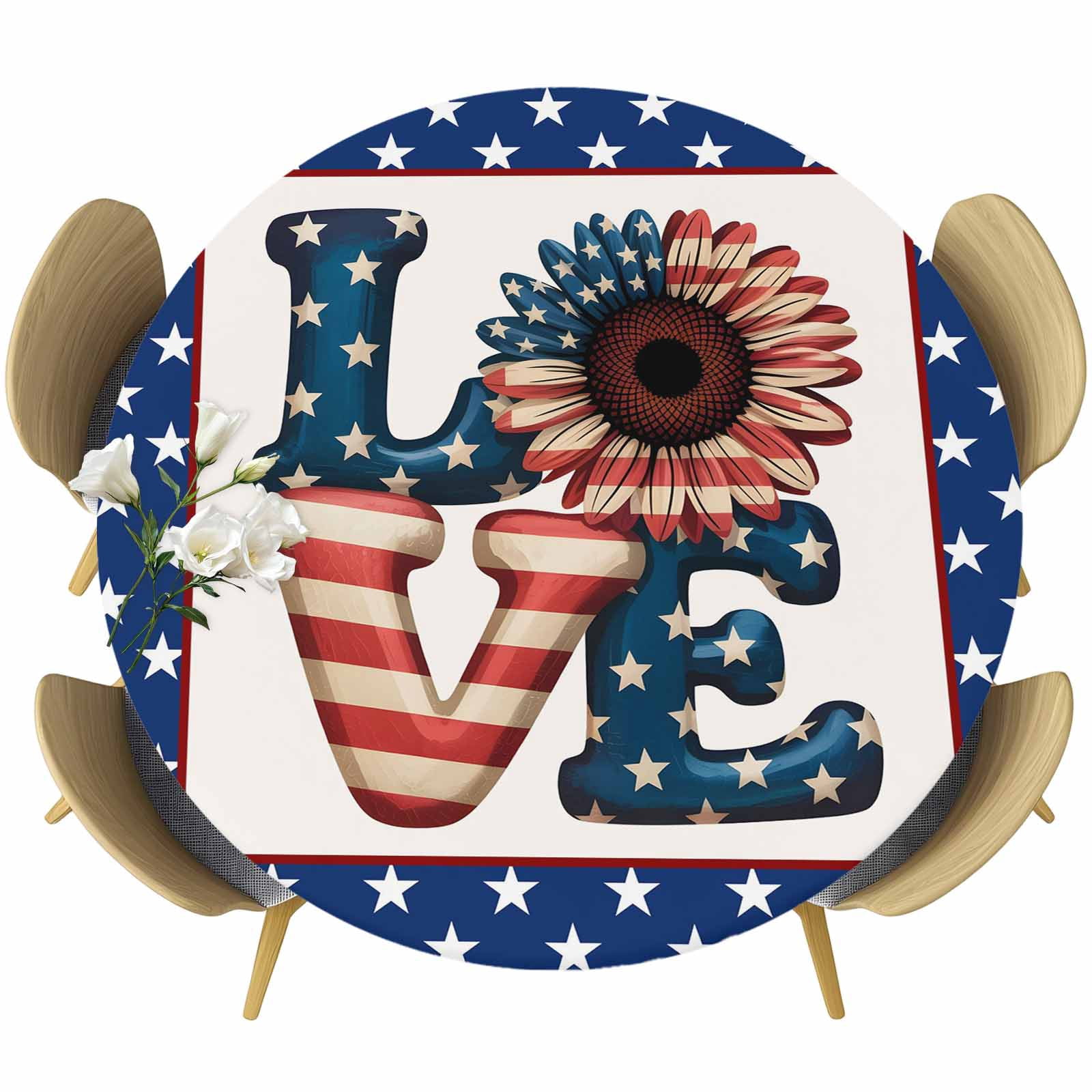 Independence Day Round Tablecloth, Fitted Table Cover with Elastic for ...