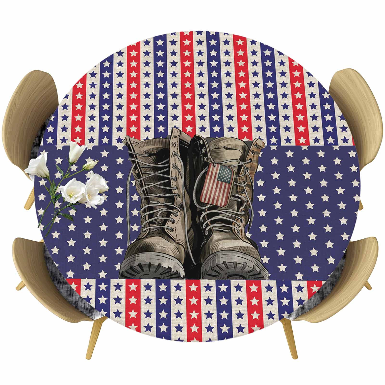 Independence Day Round Tablecloth, Fitted Table Cover with Elastic for ...