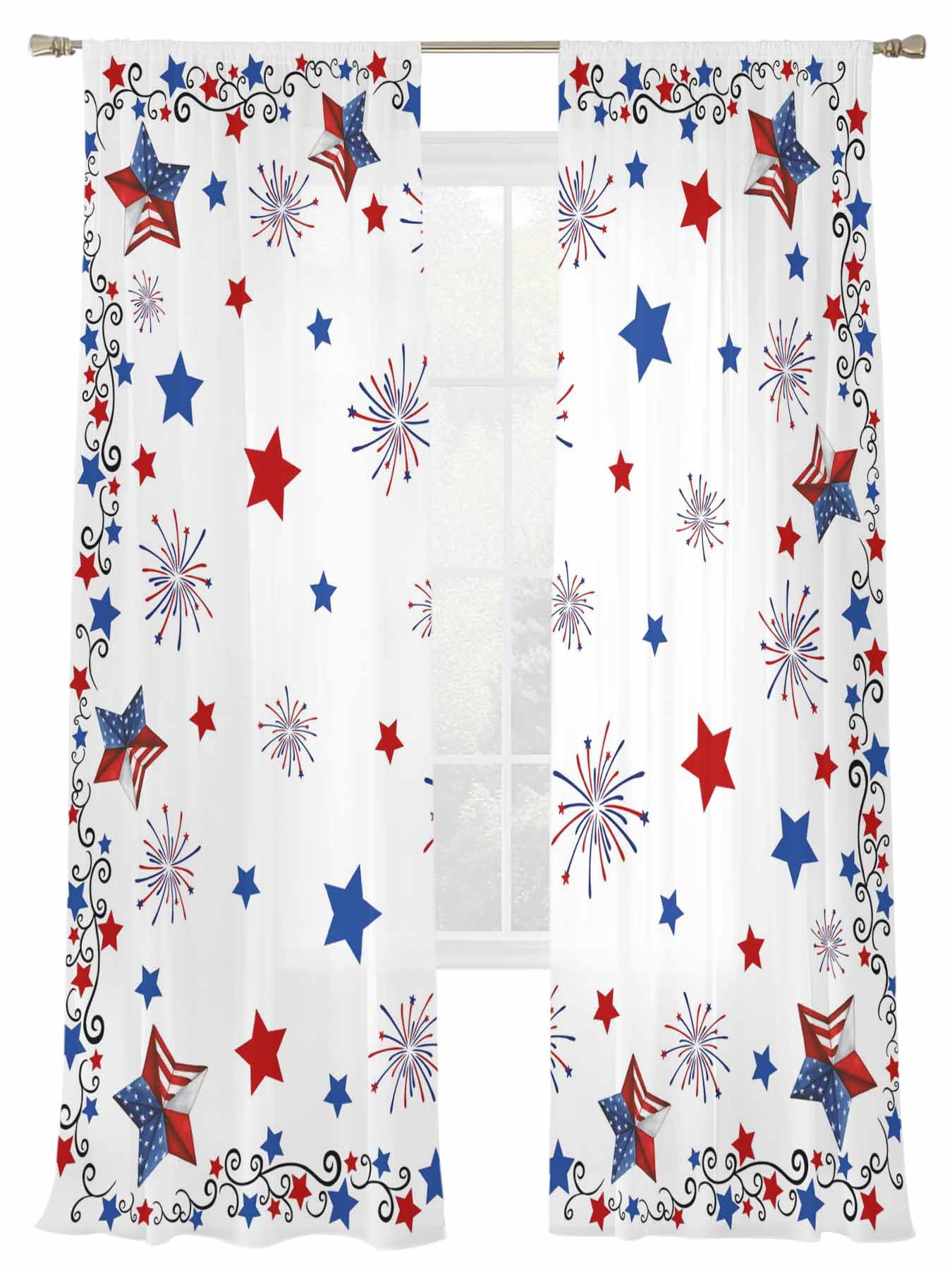 Independence Day Sheer Curtains 2 Panels Set 4th of July Fireworks Star ...