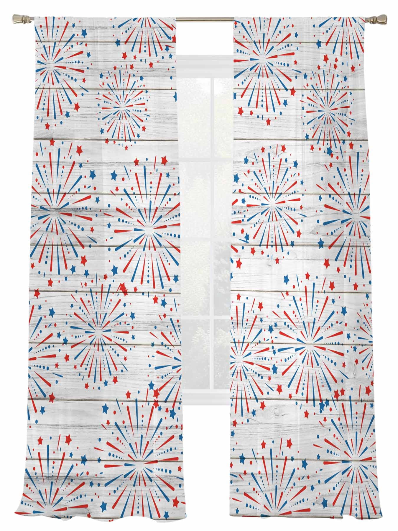 Independence Day Sheer Curtains 2 Panels Set Blue Red Fireworks Wood ...