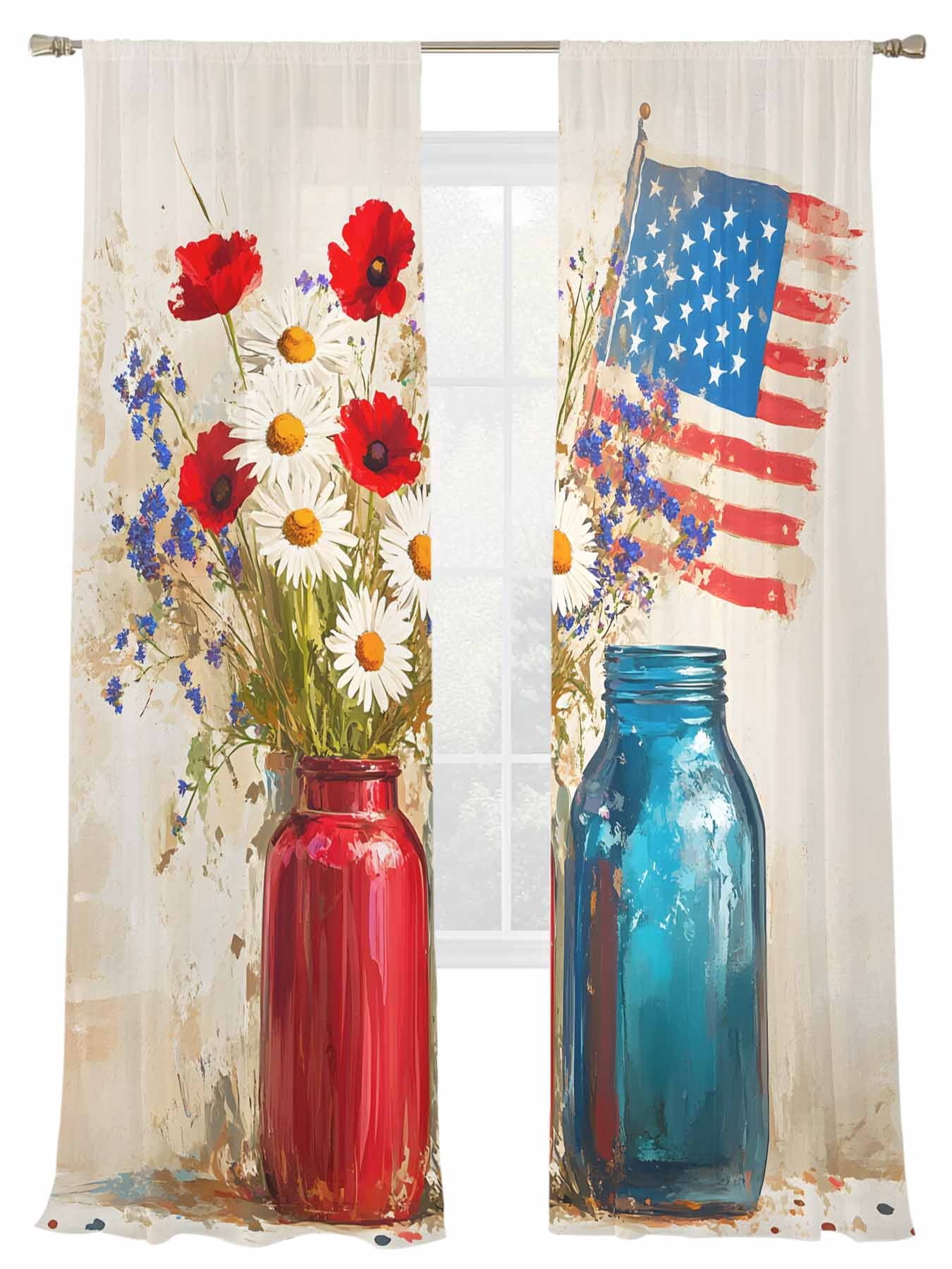 Independence Day Sheer Curtains 2 Panels Set Red Blue American Flag ...