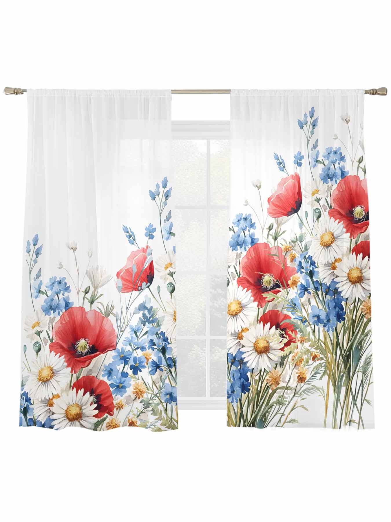 Independence Day Sheer Curtains 2 Panels Set Red Blue Concubine Flowers ...