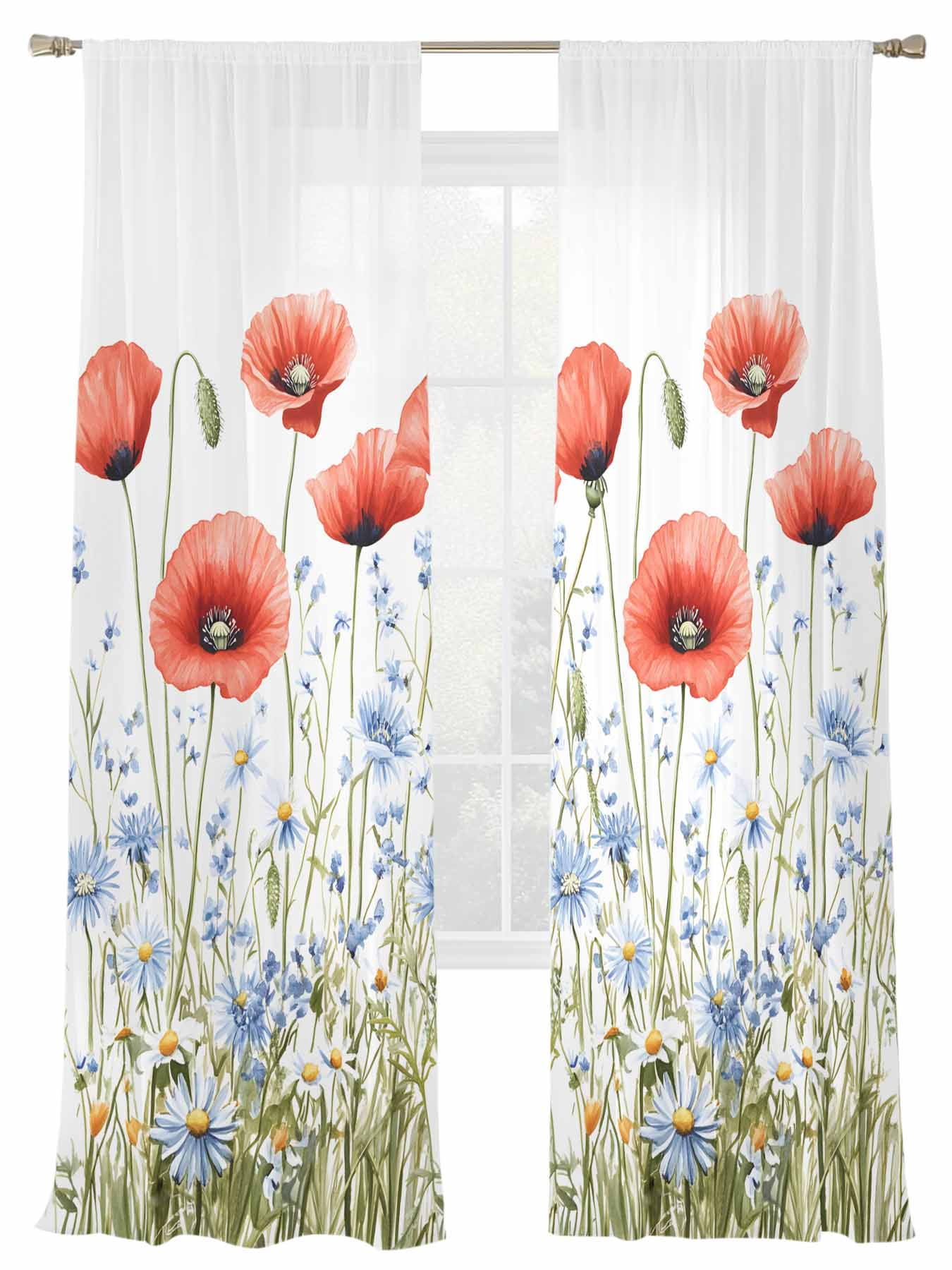 Independence Day Sheer Curtains 2 Panels Set Vintage Red Blue Flowers ...