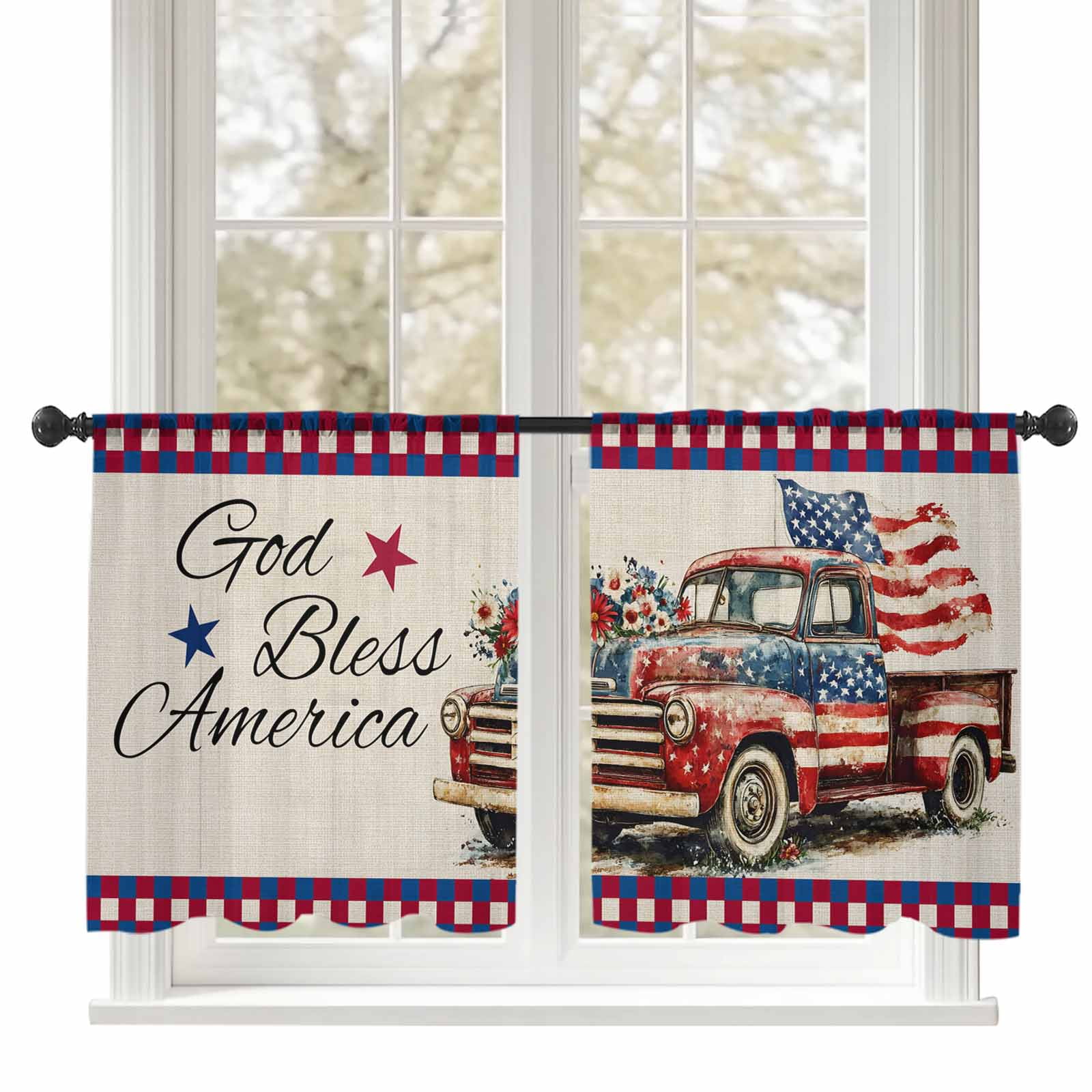 Independence Day Sheer Curtains 54 inches Long, Red Truck Flower US ...