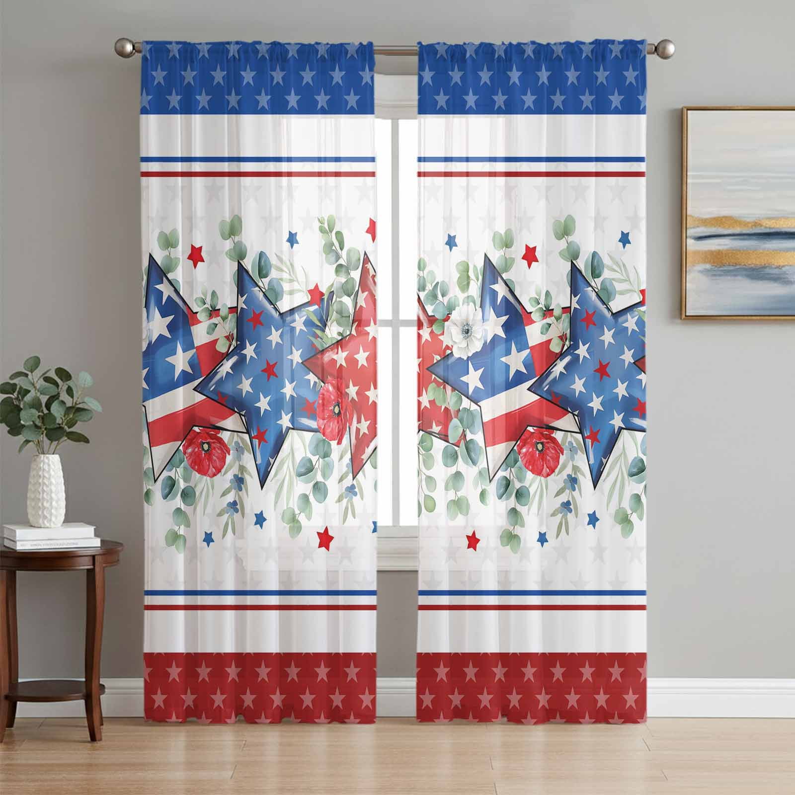 Independence Day Sheer Curtains 63 Inch Length 2 Panels Set, Star ...