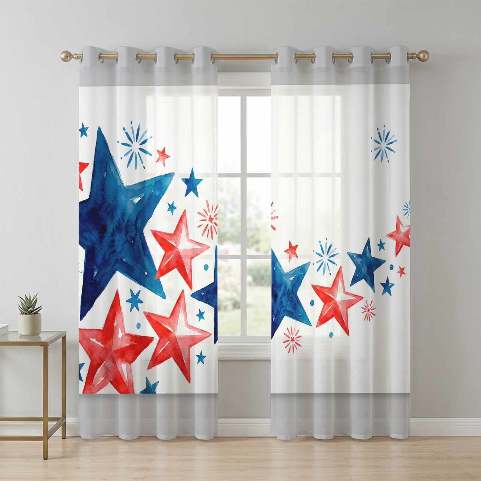 Independence Day Sheer Curtains 63 Inch Long 2 Panels, Five-Pointed ...