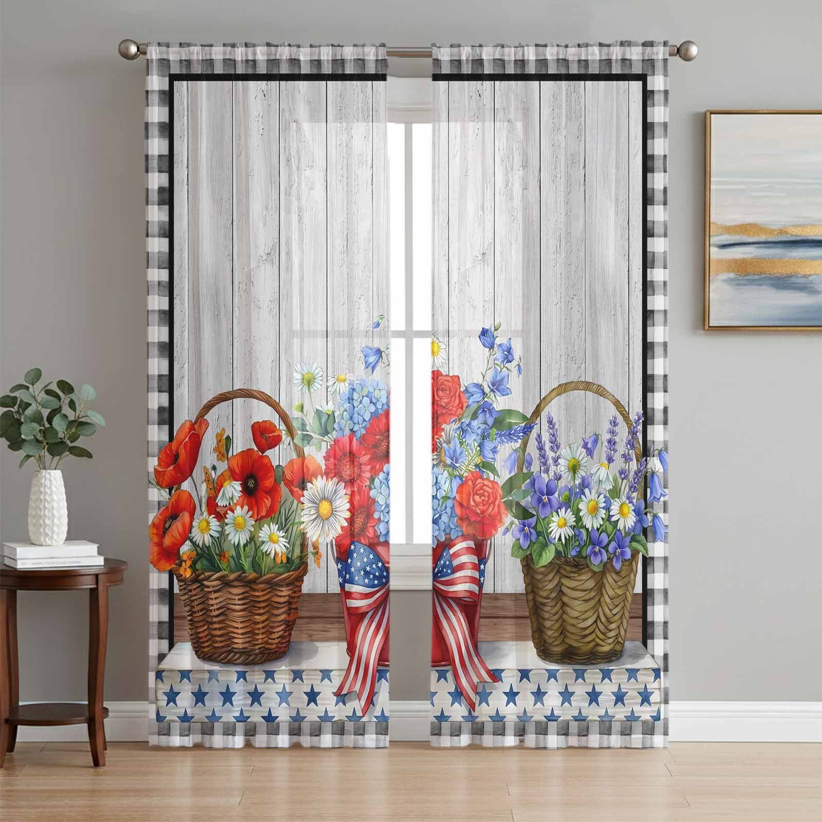 Independence Day Sheer Curtains for Living Room Bedroom Hydrangea Poppy ...