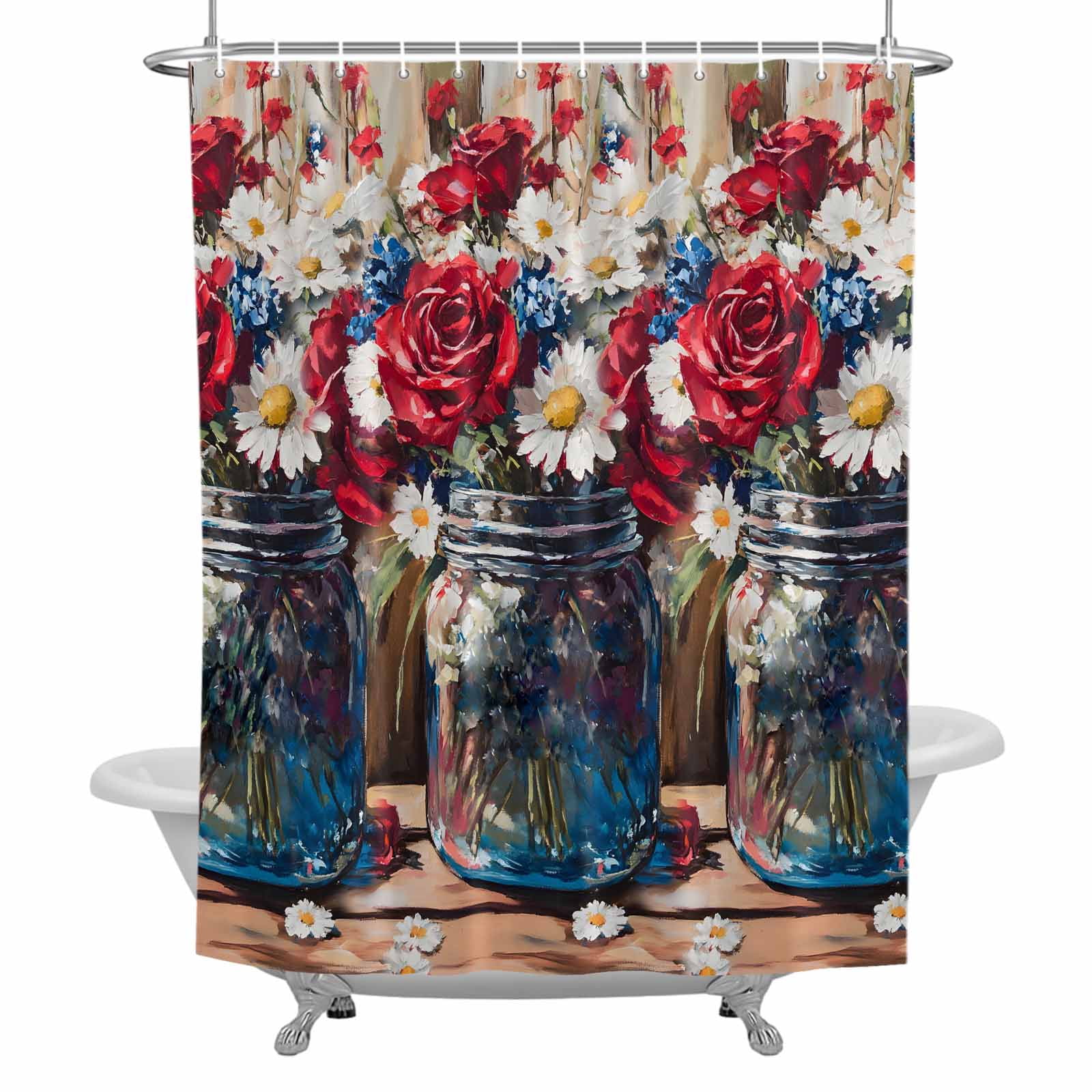 Independence Day Shower Curtain for Bathroom, Abstract Red Blue Flowers ...