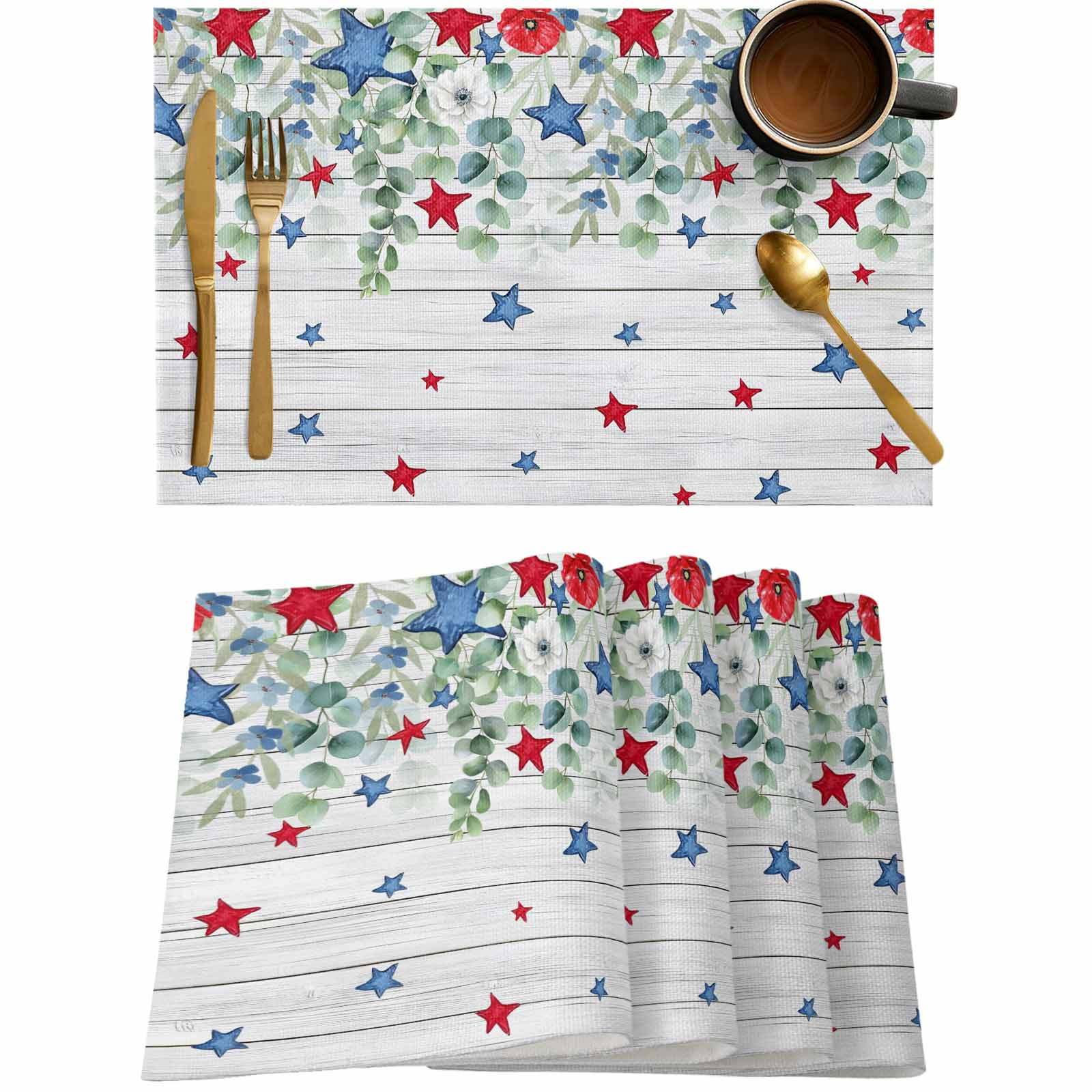 Independence Day Stars Patriotic Placemats Set of 4,Wipeable Washable ...