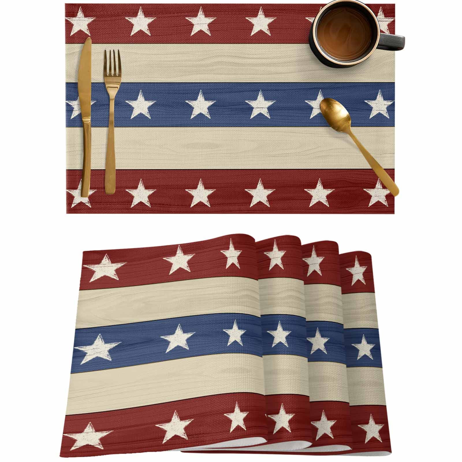 Independence Day Stars and Stripes Placemats Set of 4,Wipeable Washable ...