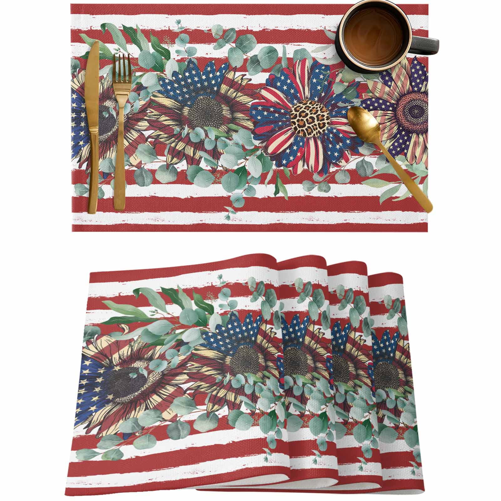 Independence Day Sunflower Leopard USA Flag Placemats Set of 4,Wipeable ...