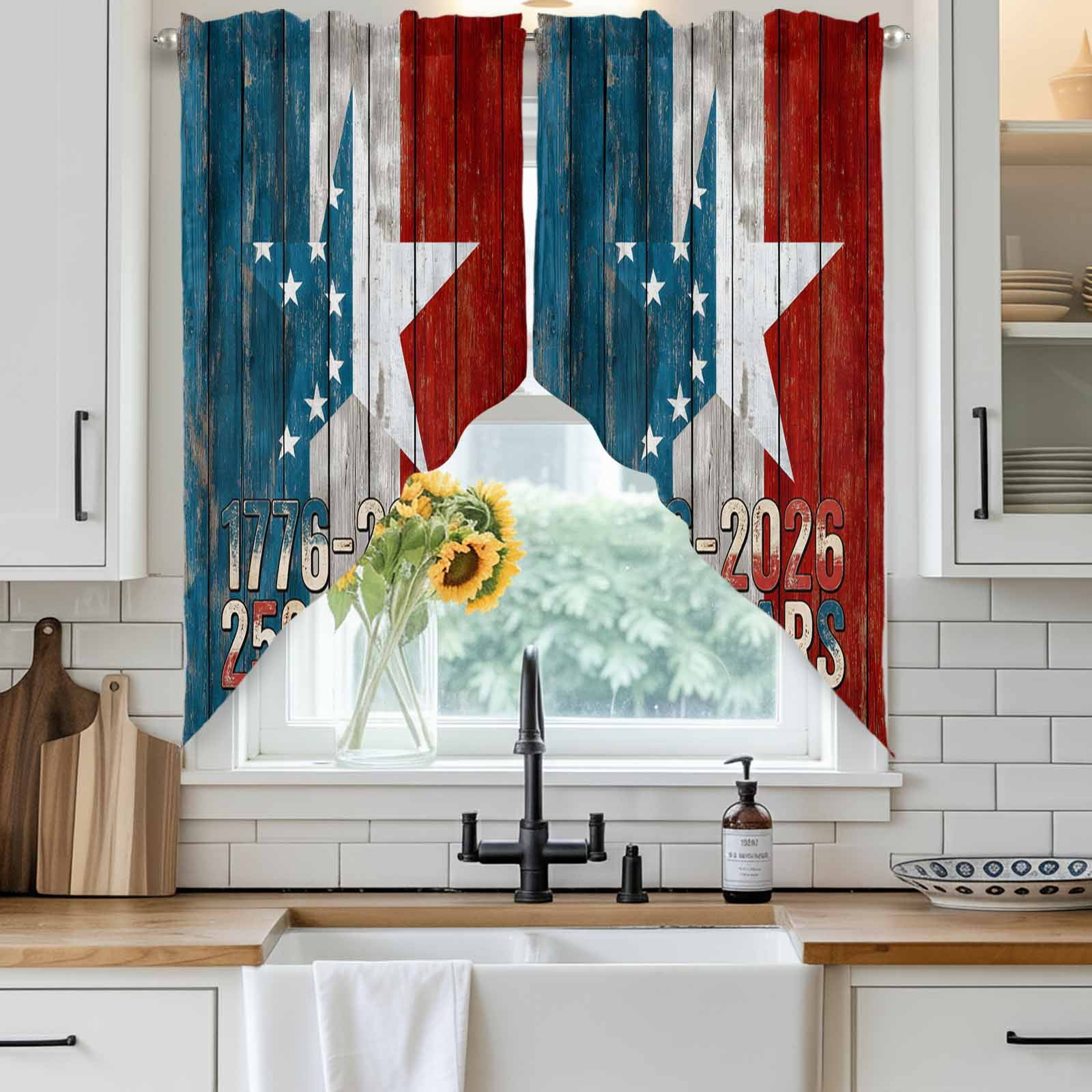 Independence Day Swag Curtain Valance for Windows, USA Flag Retro Wood ...