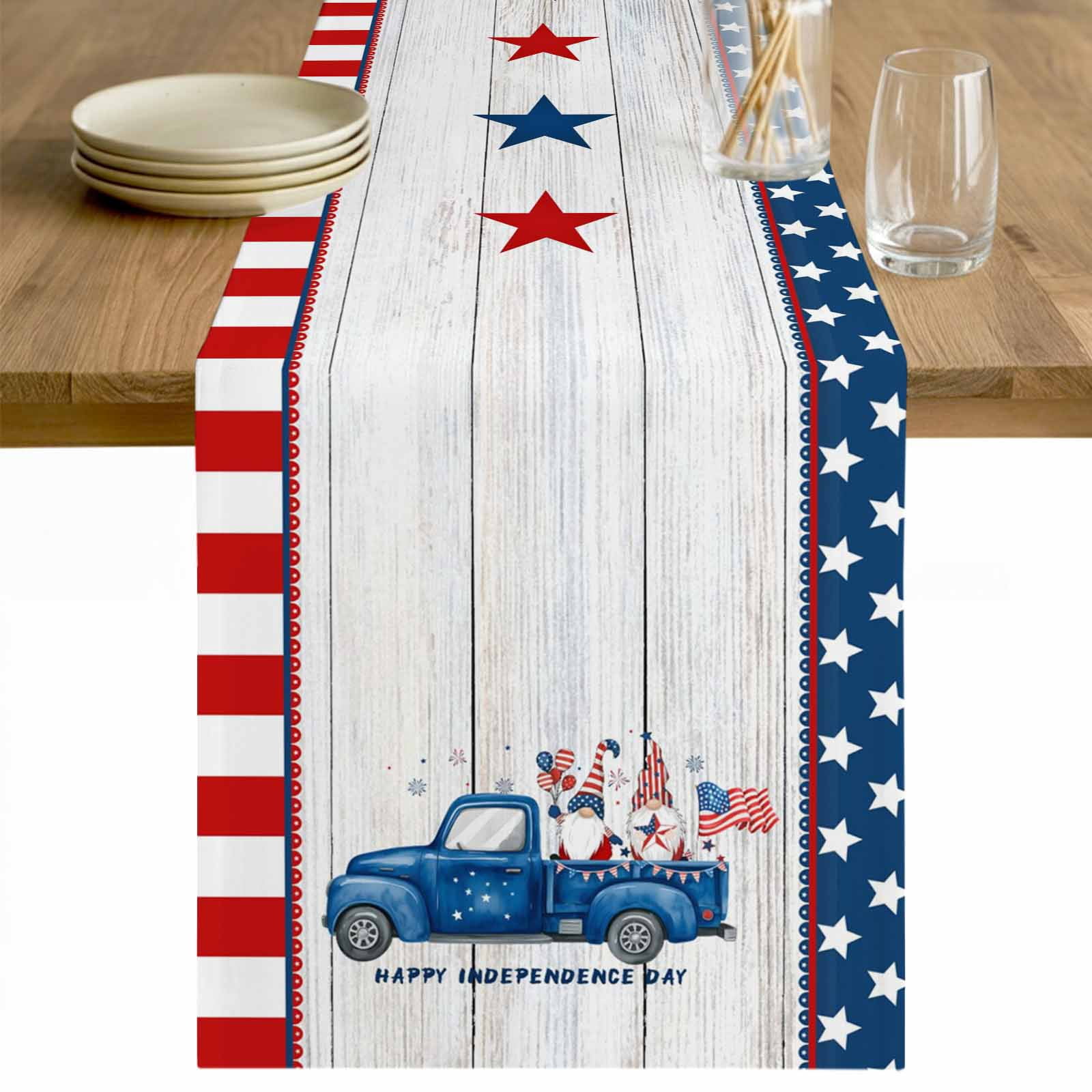 Independence Day Table Runner - 36 Inch Long USA Flag Truck Gnomes ...