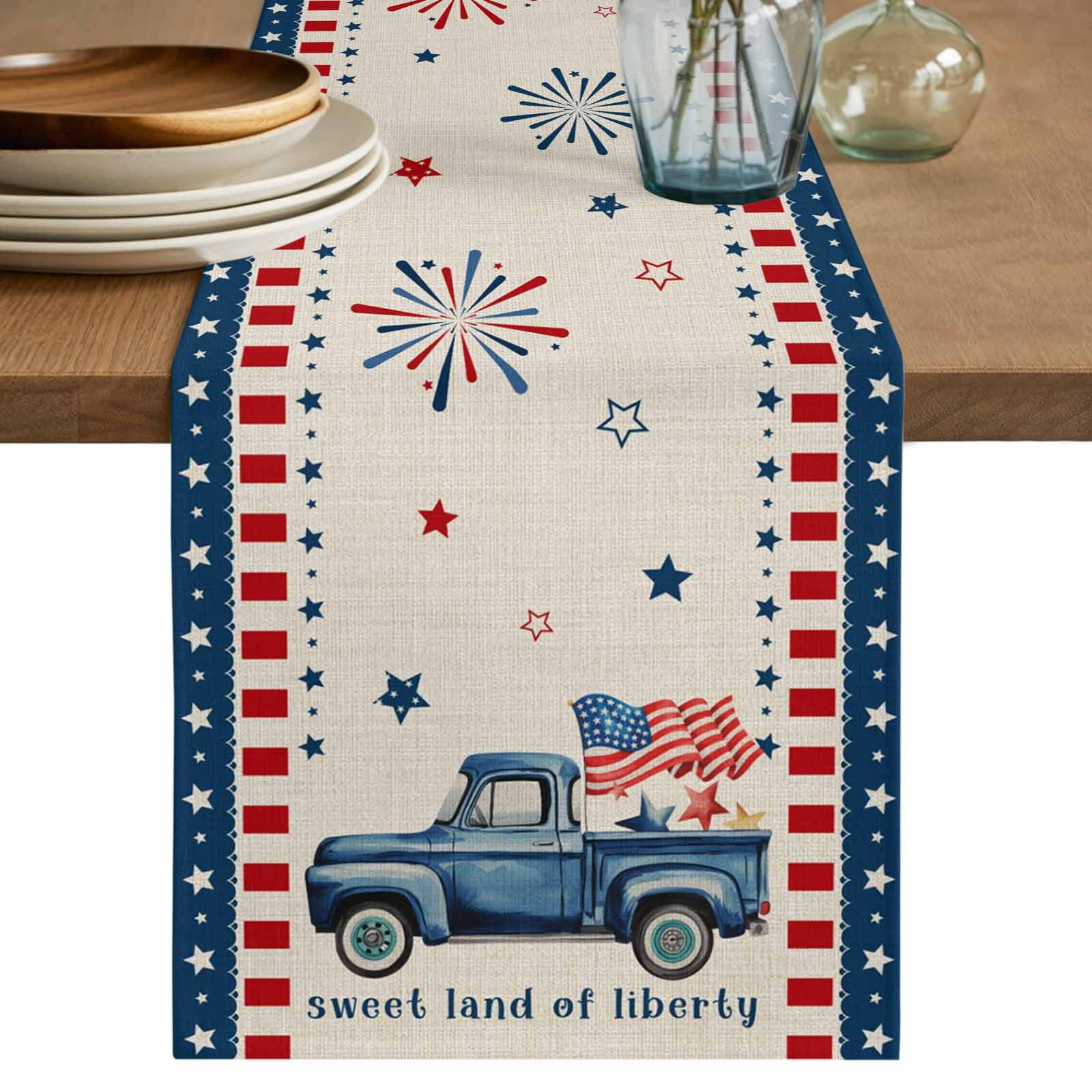 Independence Day Table Runner 72 Inches, Blue Truck Firework Star Blue ...