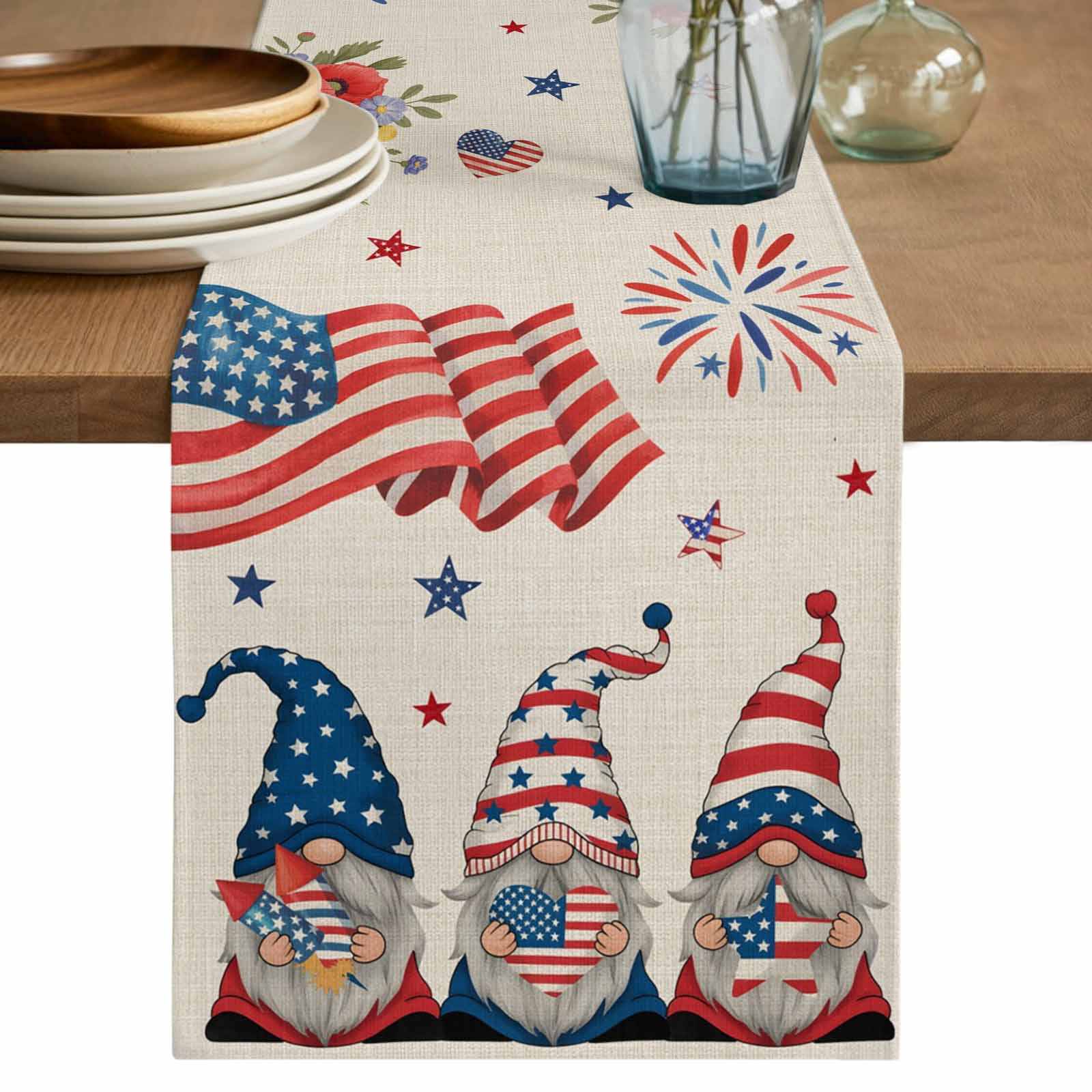 Independence Day Table Runner 72 Inches, Red Blue Gnomes Flag Flowers ...