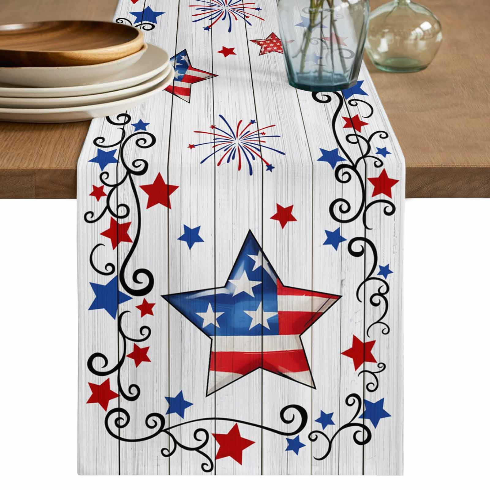 Independence Day Table Runner 72 Inches, Red Blue Star Firework Wooden ...
