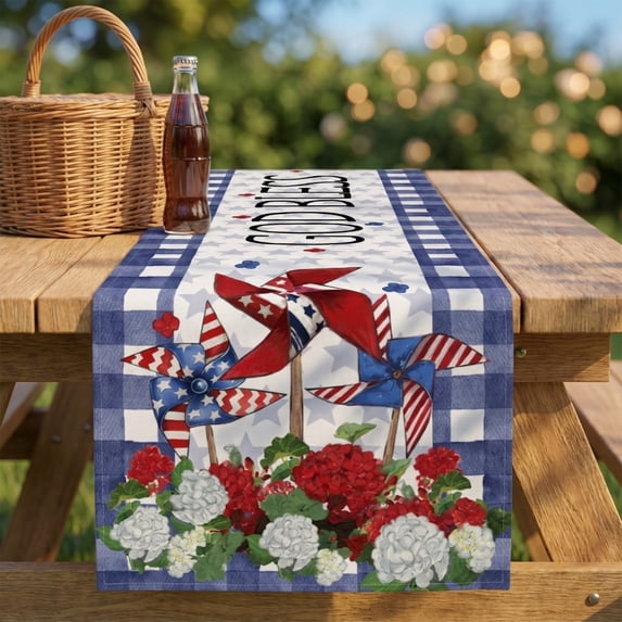 Independence Day Table Runner 72x13 Inch USA Flag Linen Look Gnome ...