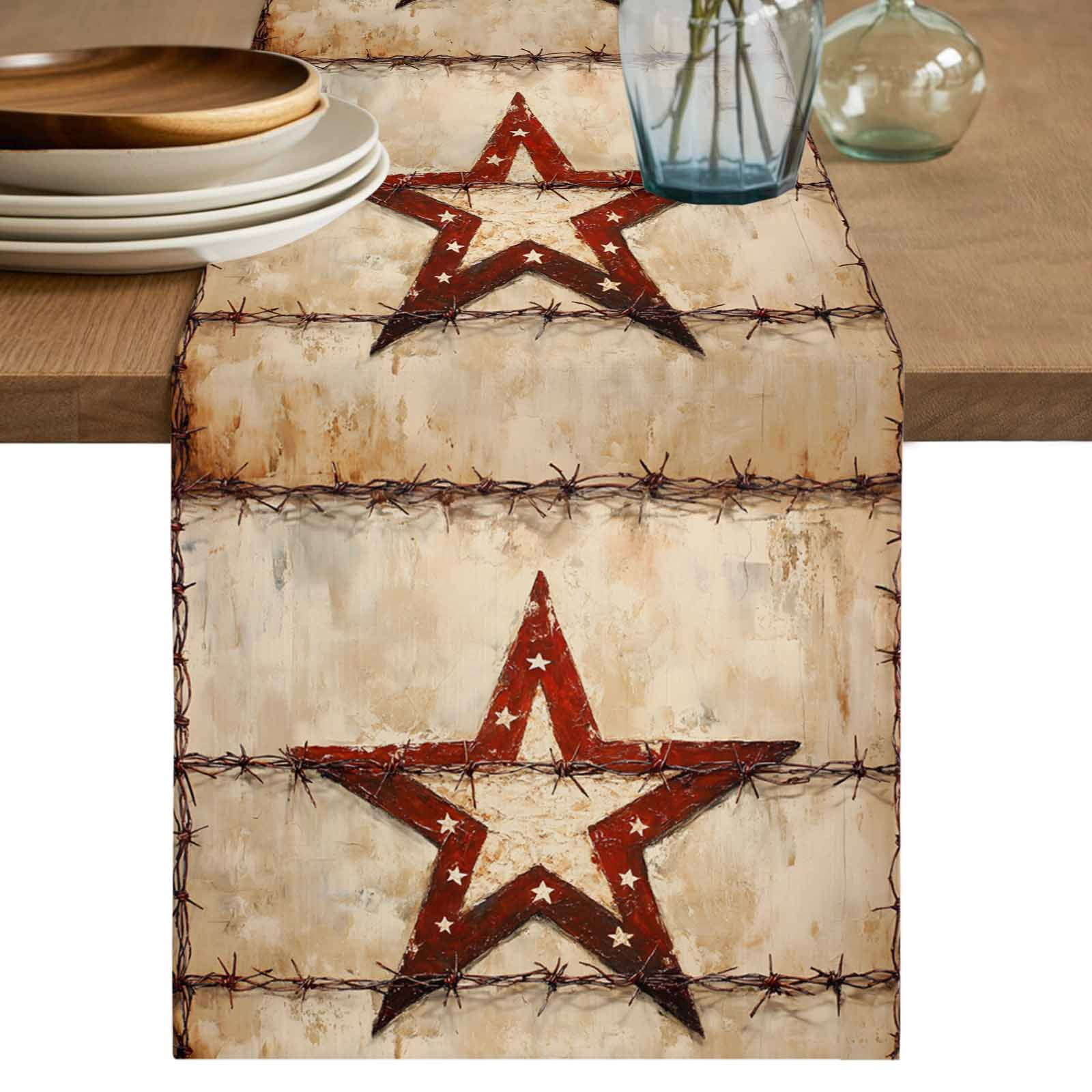 Independence Day Table Runner, Country Retro Western Ring Stars Cotton ...