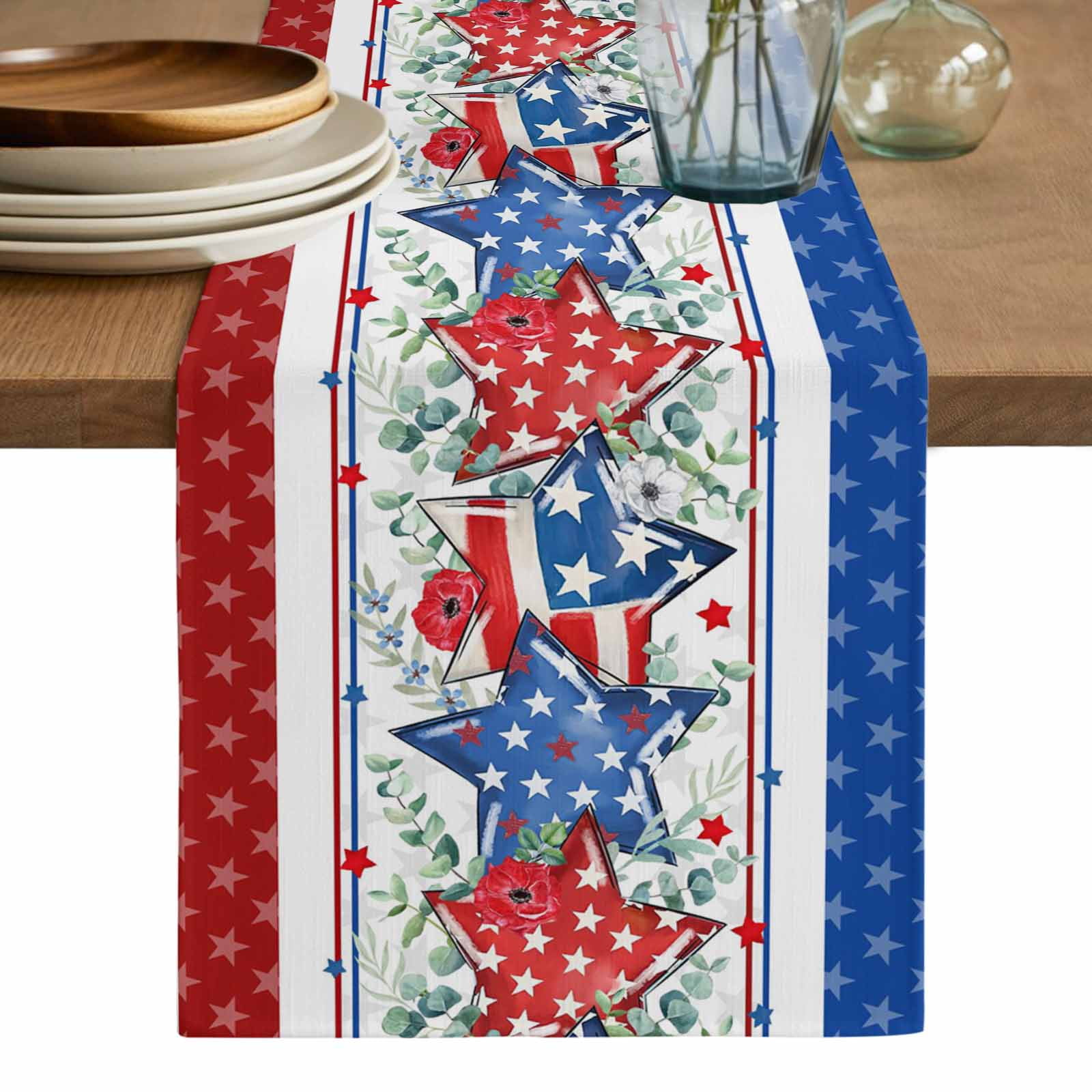 Independence Day Table Runner, Star Stripe Flag Eucalyptus Red Blue ...