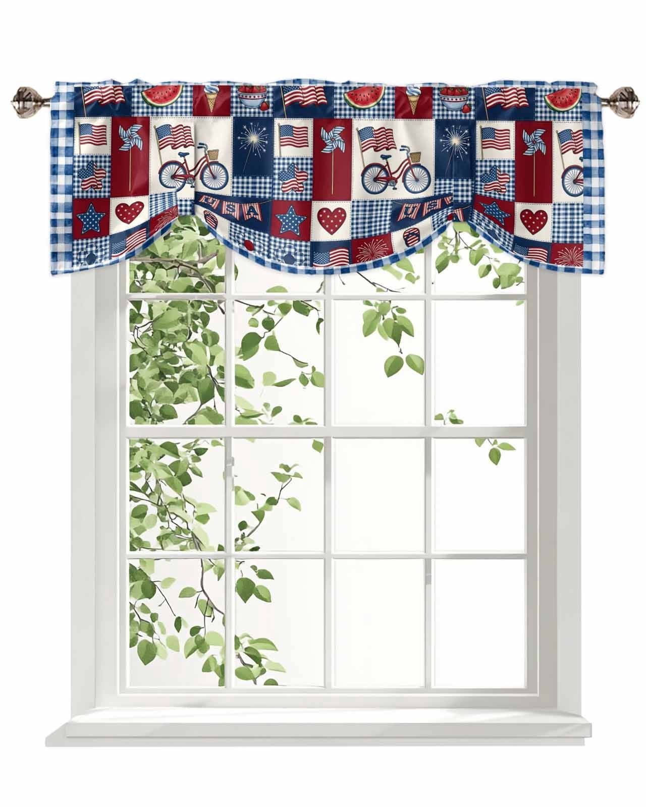 Independence Day Tie Up Valances Curtain, USA Flag Summer Bike Fruit ...