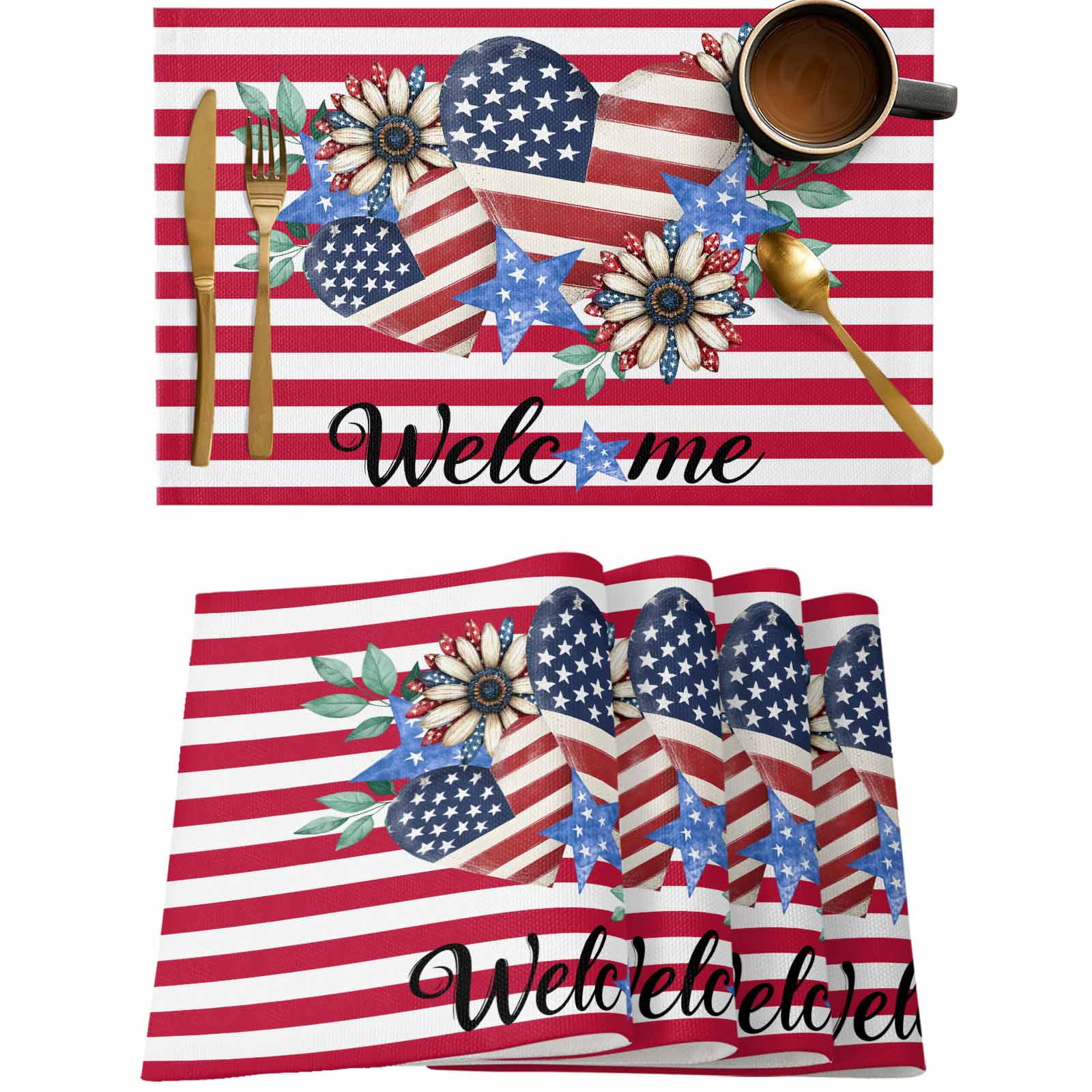 Independence Day USA Flag Patriotic Heart Placemats Set of 4,Wipeable ...