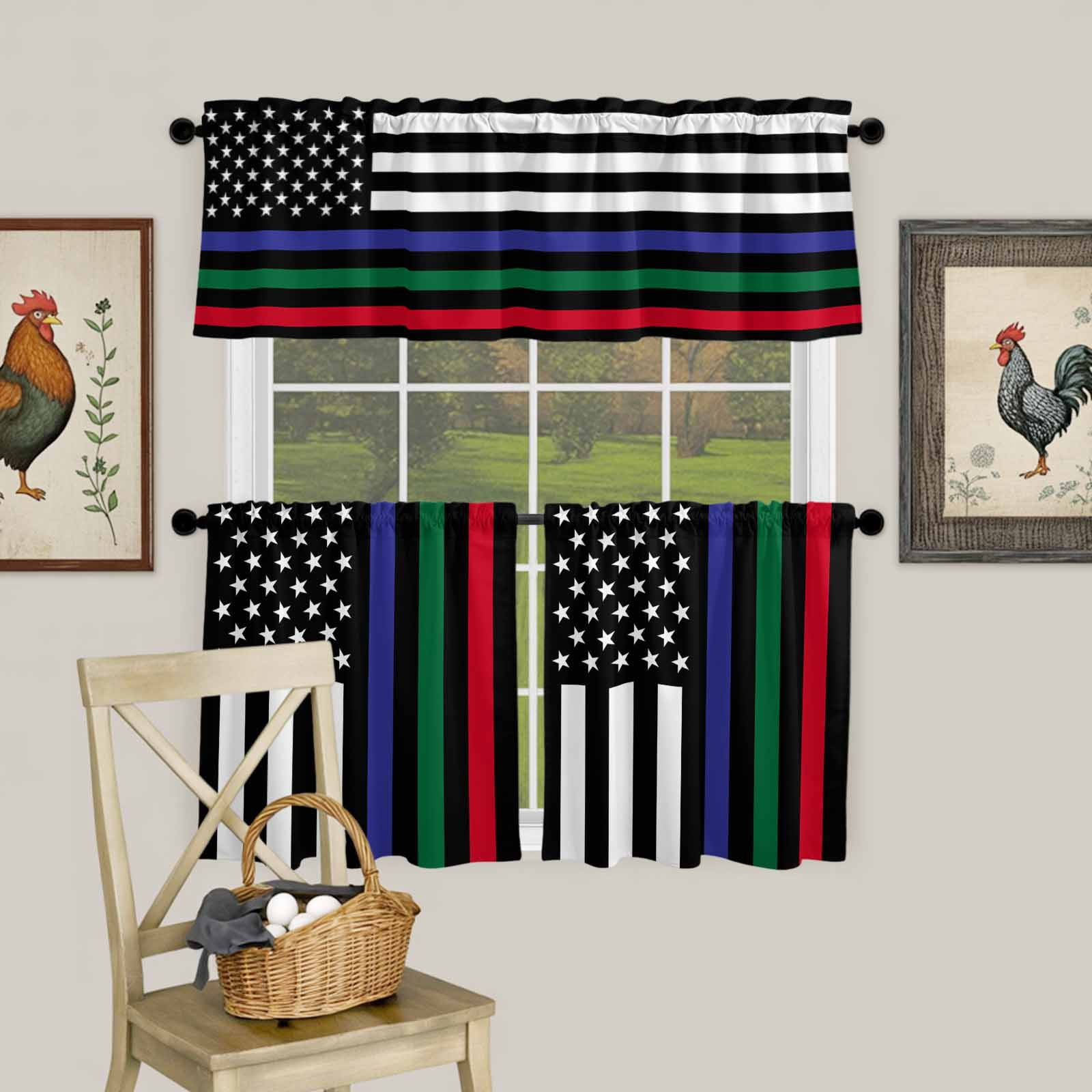 Independence Day USA Flag Red Thin Blue Green Line Curtain Tier and ...