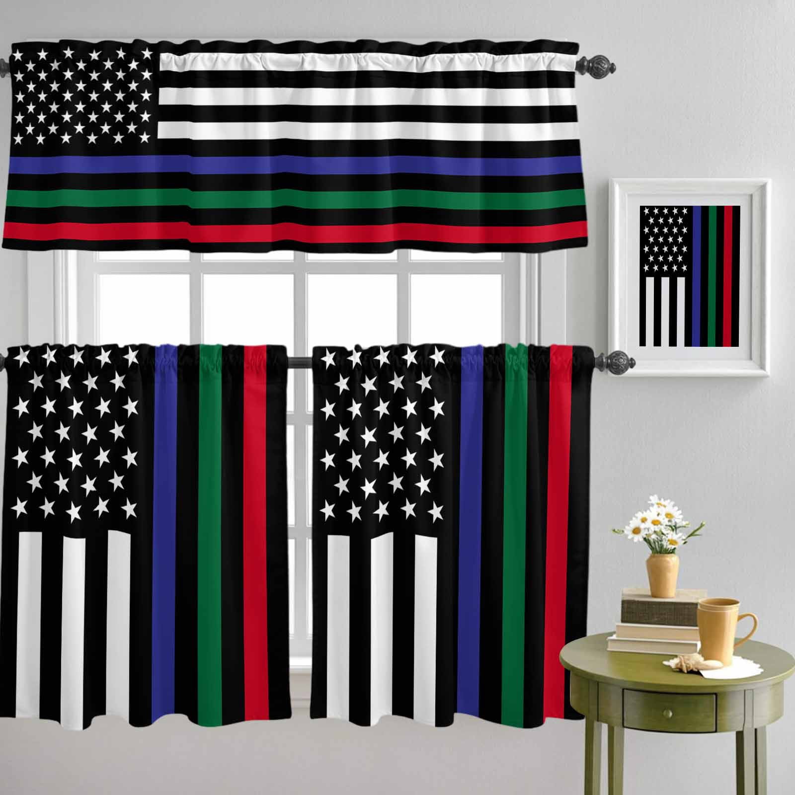 Independence Day USA Flag Red Thin Blue Green Line Curtain Tier and ...