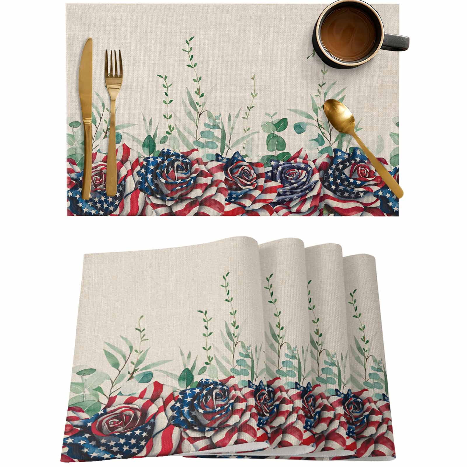 Independence Day USA Flag Rose Flower Placemats Set of 4,Wipeable ...