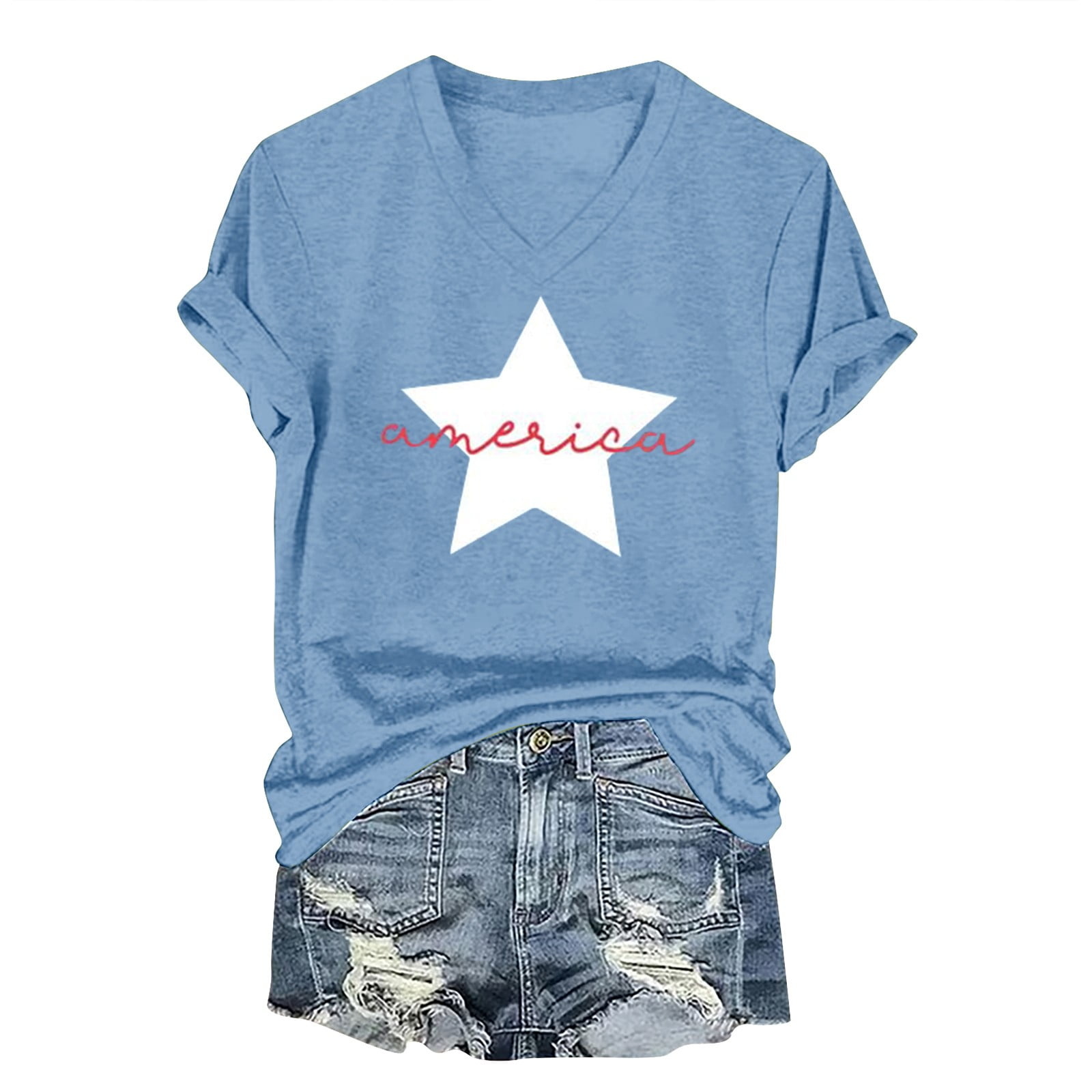 Independence Day Womens Tops USA Flag V Neck Shirt Women Star and ...