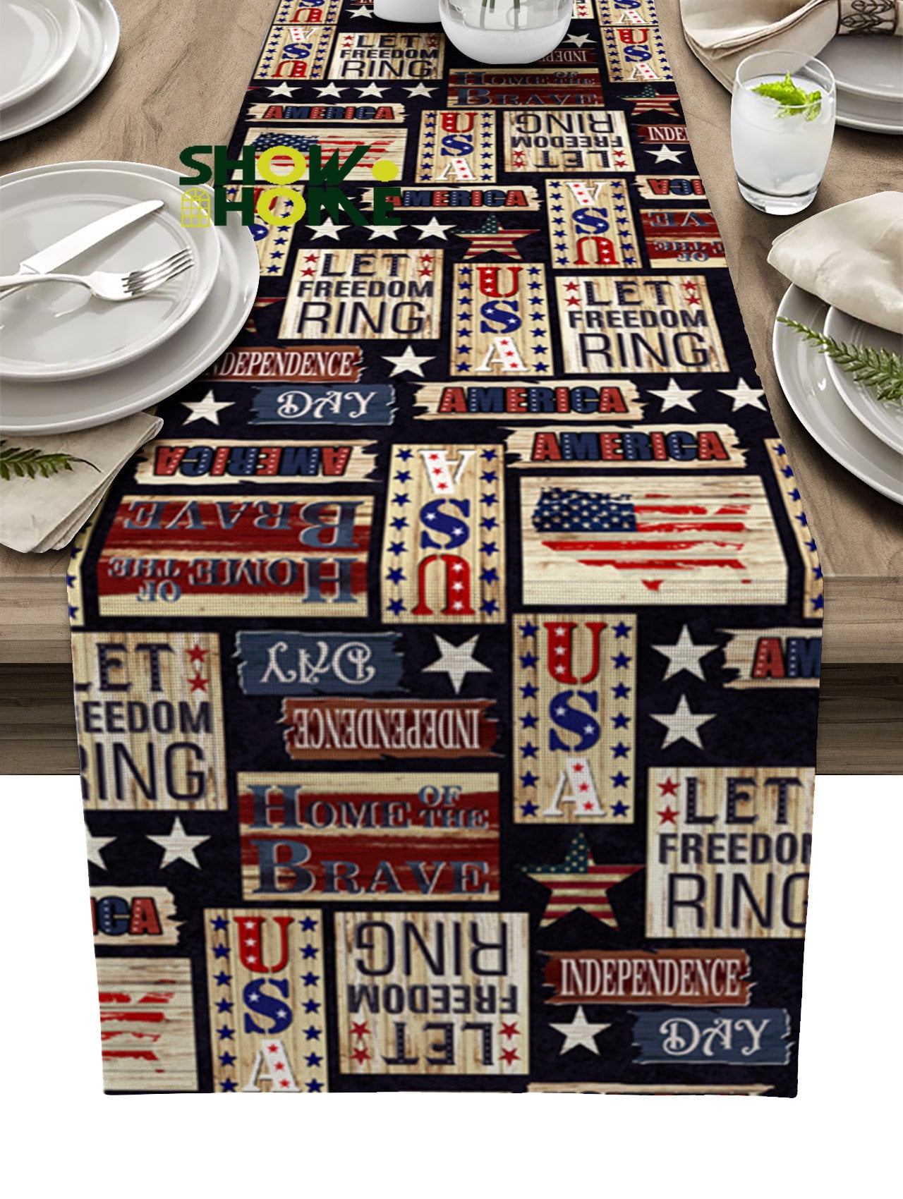 Independence Day Wood Grain Retro Table Runner Wedding Dining Table r ...
