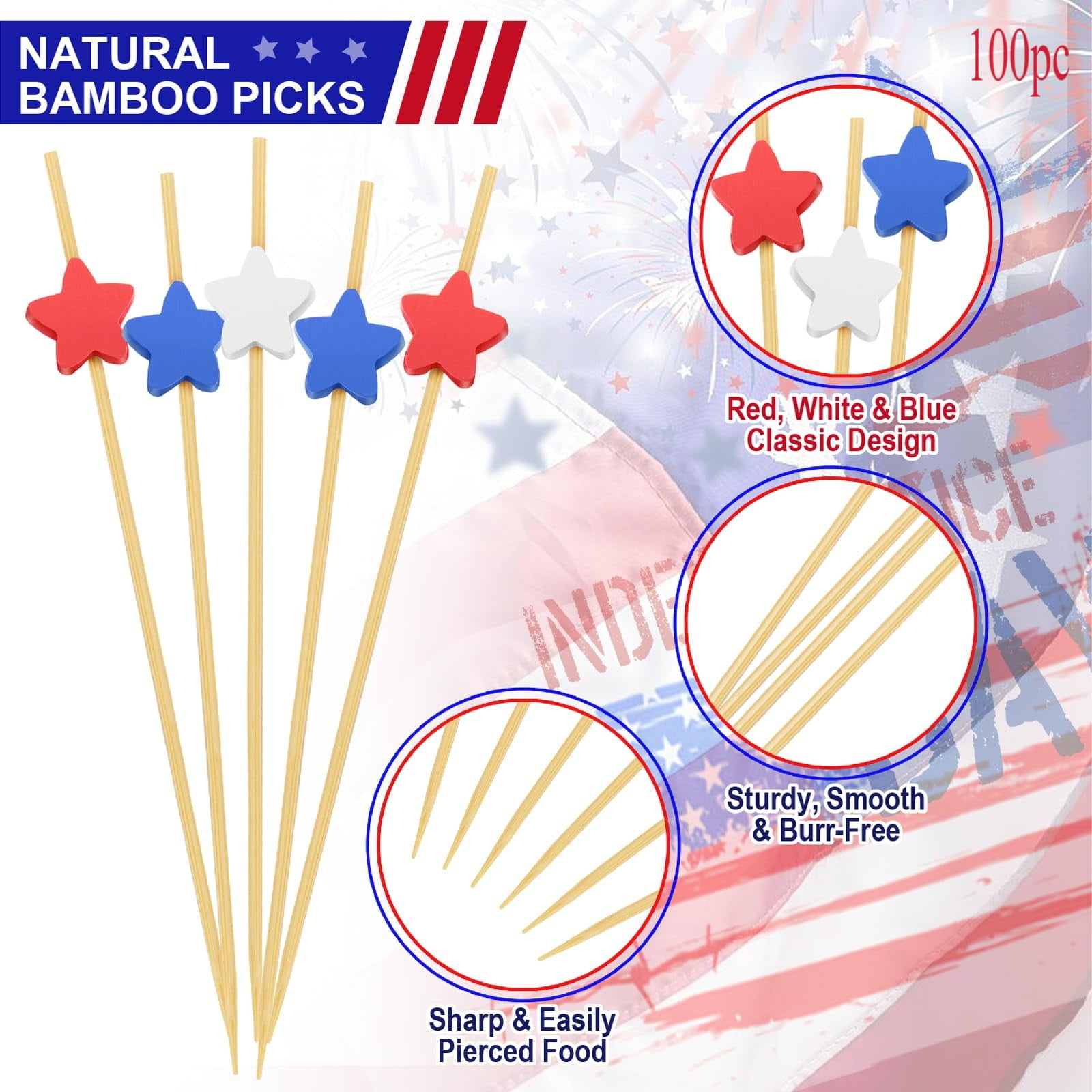 Independence Day Wooden Cocktail Picks American Flag 2025 100PC ...