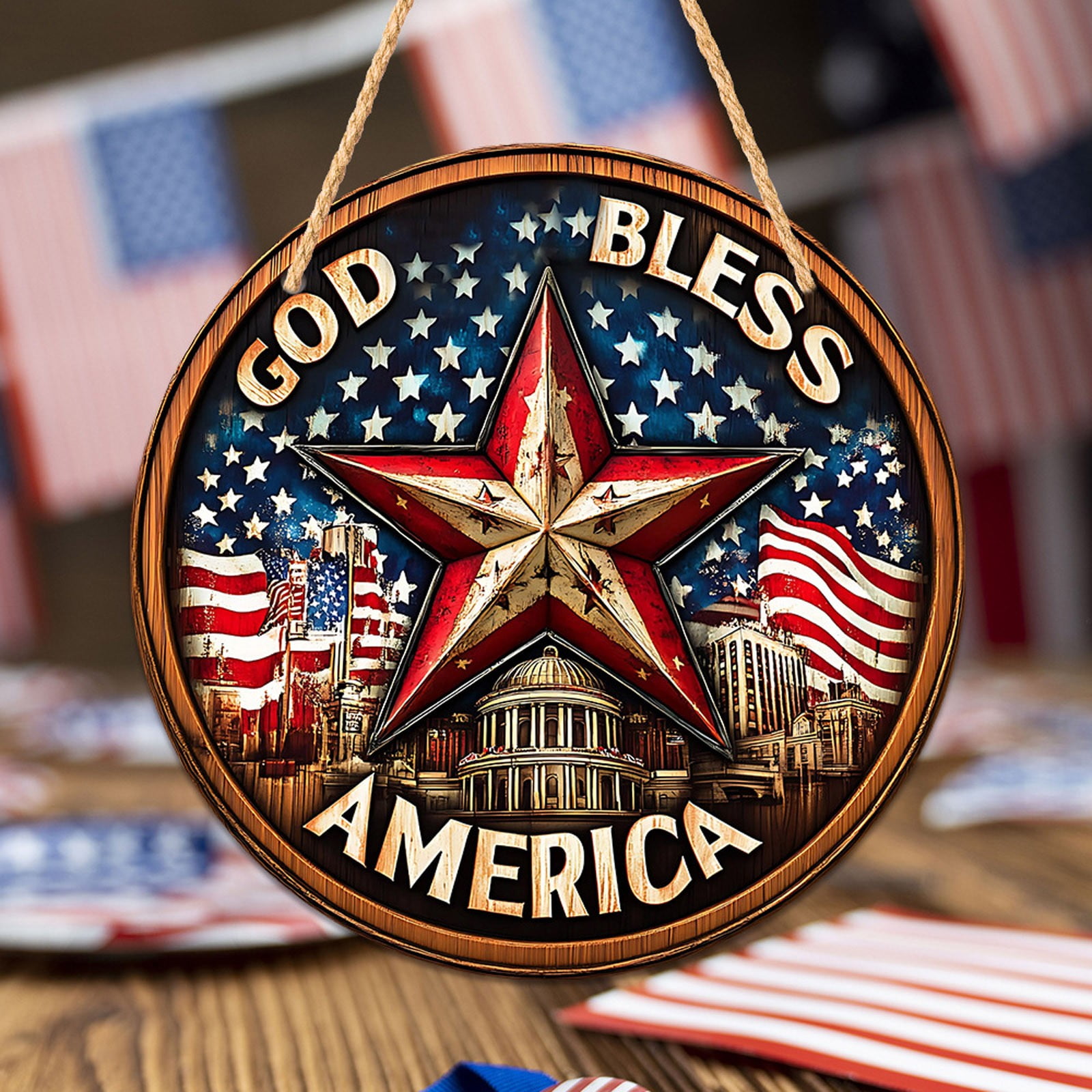 Independence Day Wooden Decoration - 7.87in Round Hanging Flag Star ...