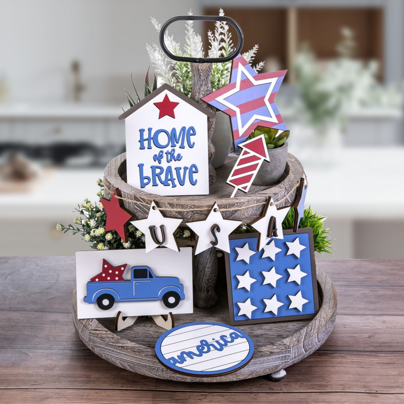 Independence Day Wooden Tiered Tray Stand 2025 Patriotic 3 Tier Serving ...
