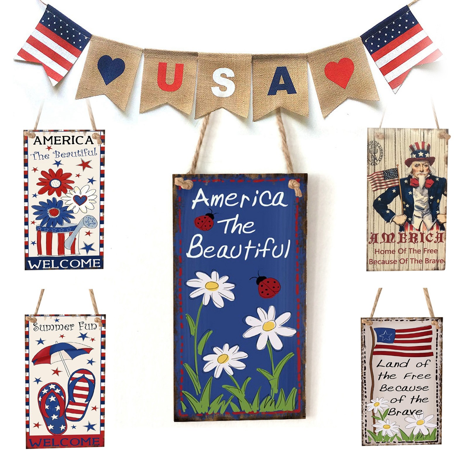 Independence Day Wooden Welcome Wreath Sign 10.8cm 2025 Hanging Signs ...