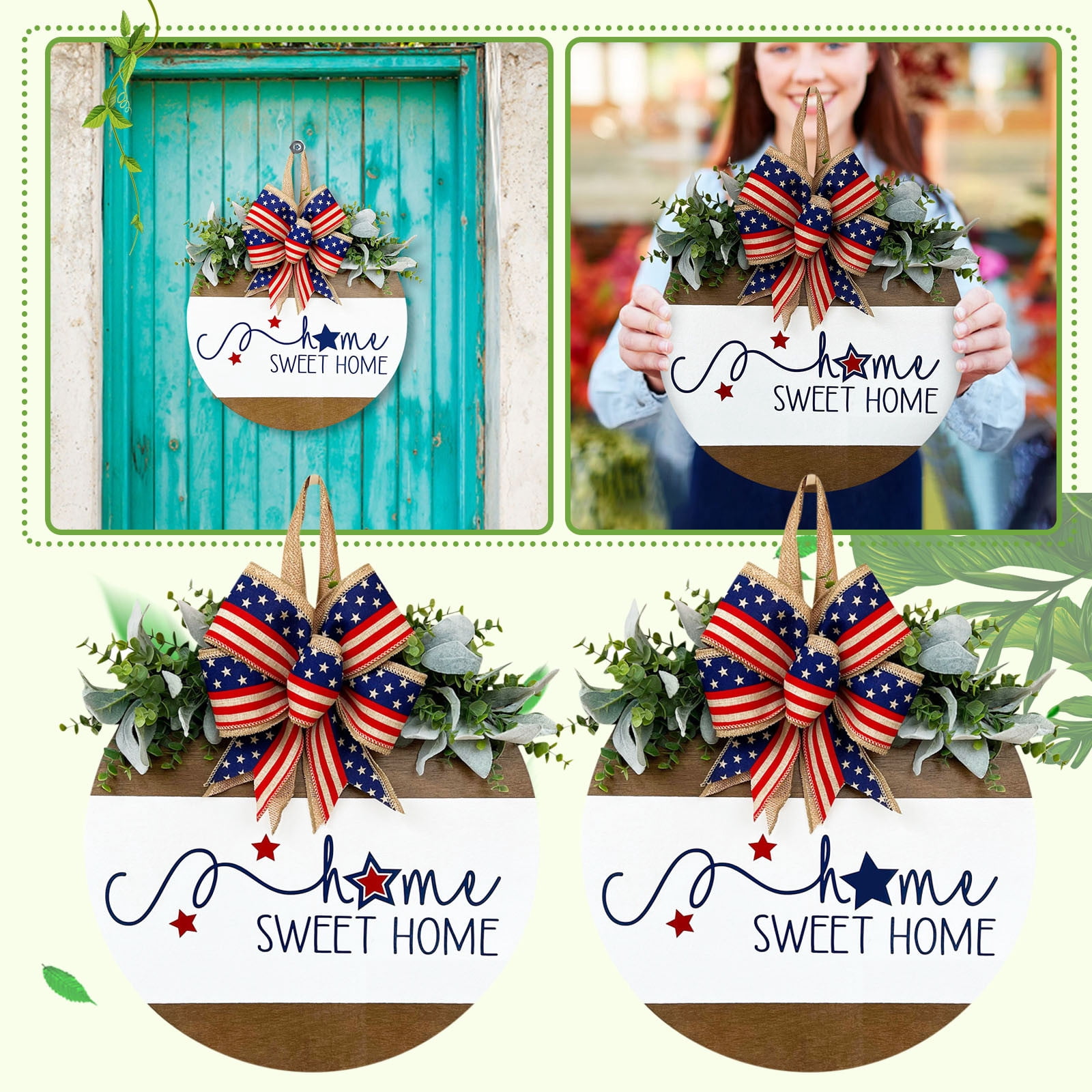 Independence Day Wooden Welcome Wreath Sign Patriotic 2025 Door ...