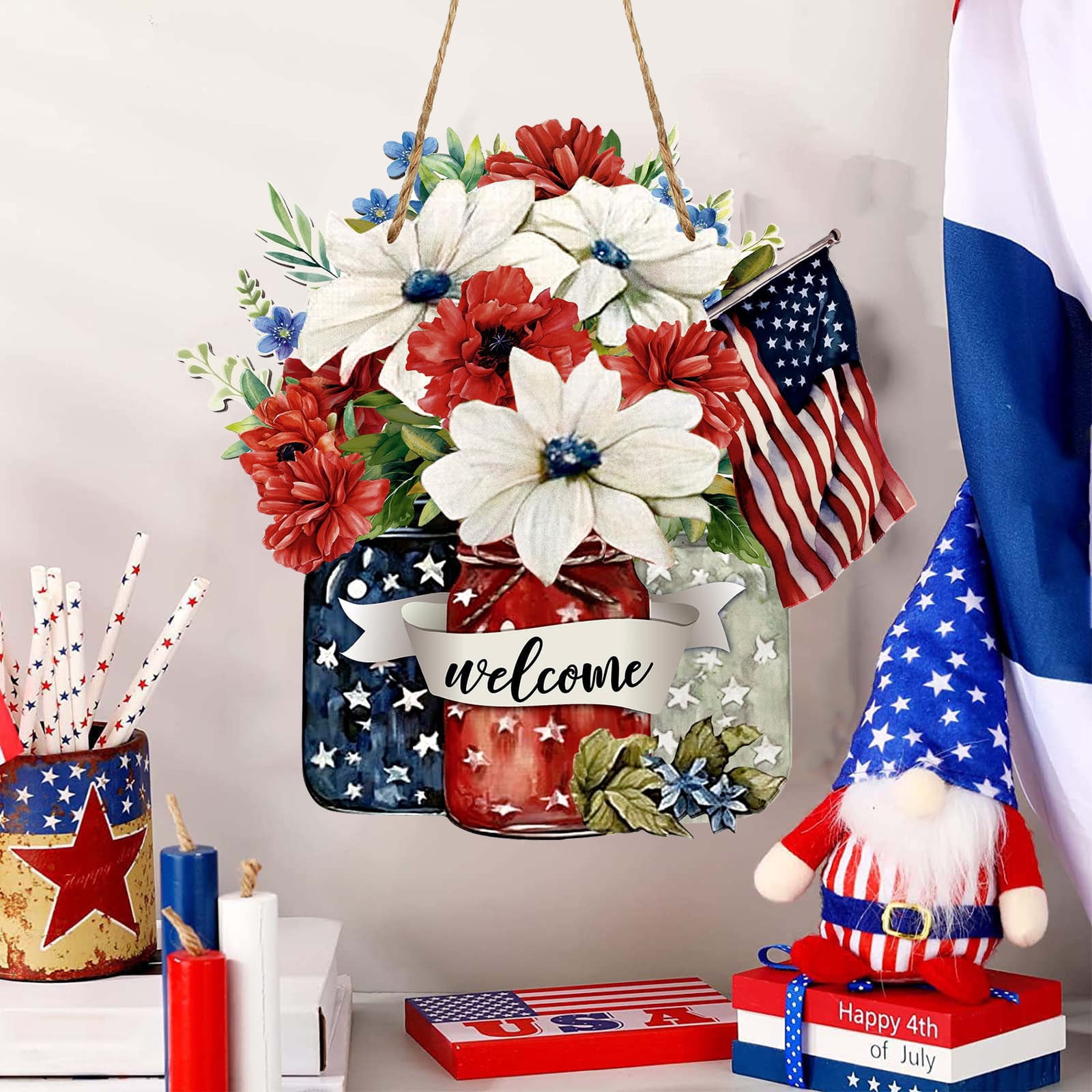 Independence Day Wooden Welcome Wreath Sign Welcome 30cm Patriotic ...