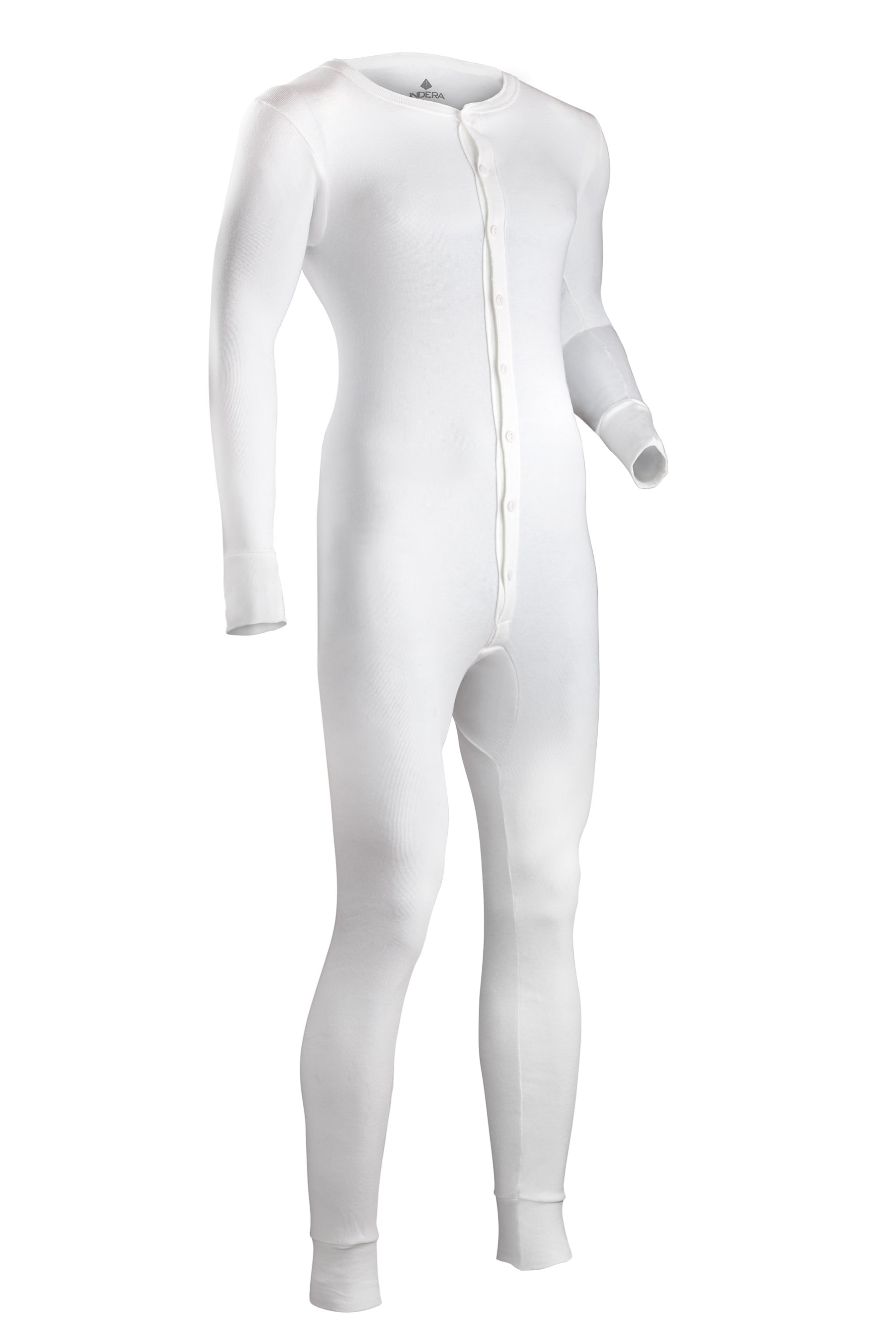 Indera Men's Cotton Union Suit Pajamas, White, Thermal Rib Knit, Button ...
