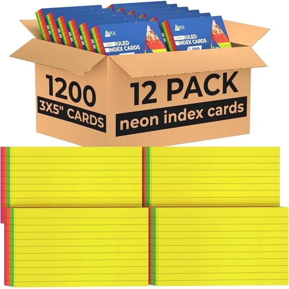 E-Clips USA 3x5 Neon Lined Index Cards Pack of 1200 for Study Notes ...