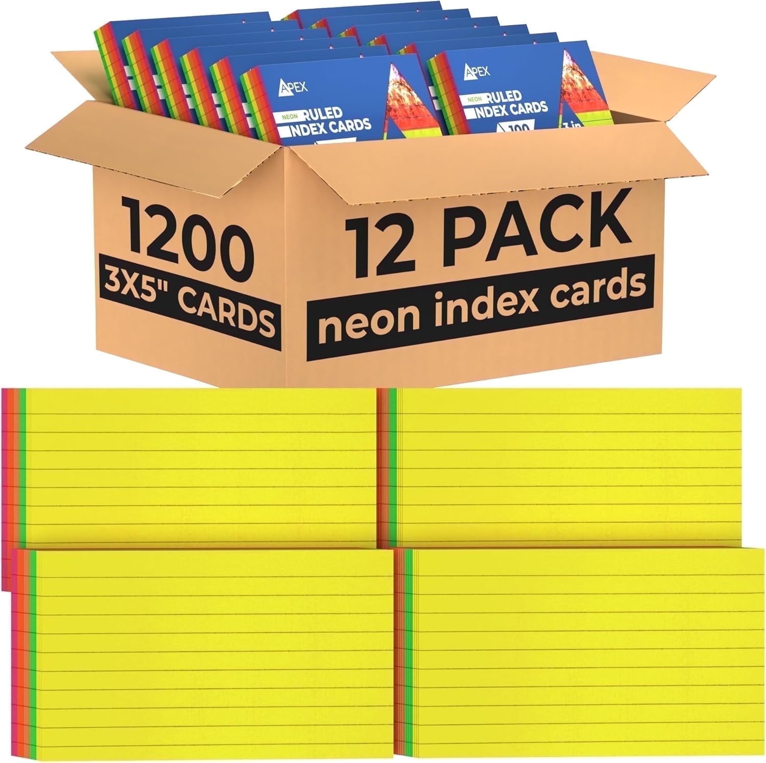 E-Clips USA 3” x 5” Index Cards Assorted Neon Flashcards, 12-Pack (100 ...