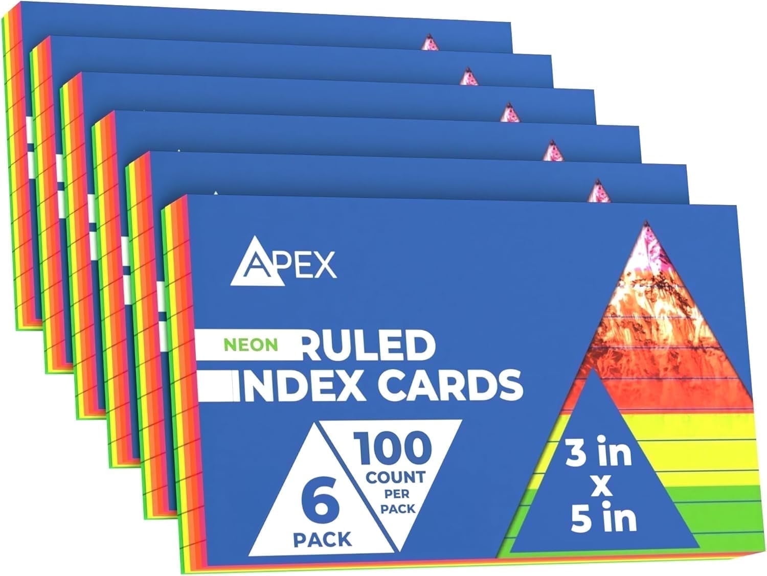 E-Clips USA 3” x 5” Index Cards Assorted Neon Flashcards, 6-Pack (100 ...