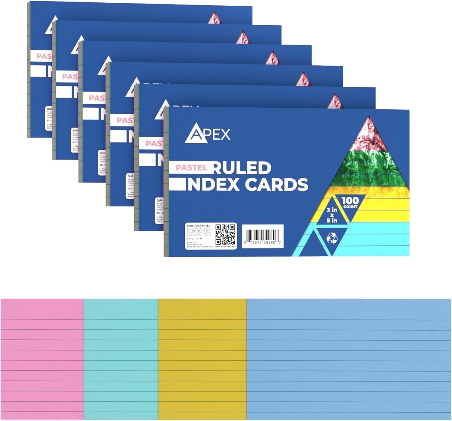 E-Clips USA 3” x 5” Index Cards Assorted Pastel Flashcards, 6-Pack (100 ...