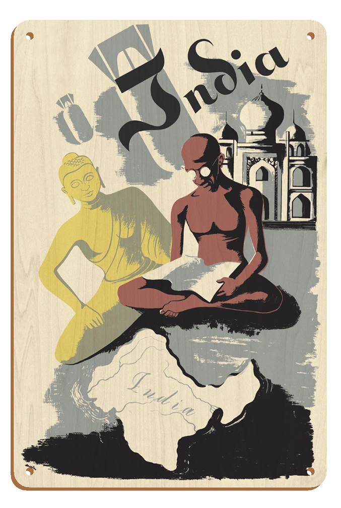 India - Buddha Gandhi & The Taj Mahal - Vintage Travel Poster by ...