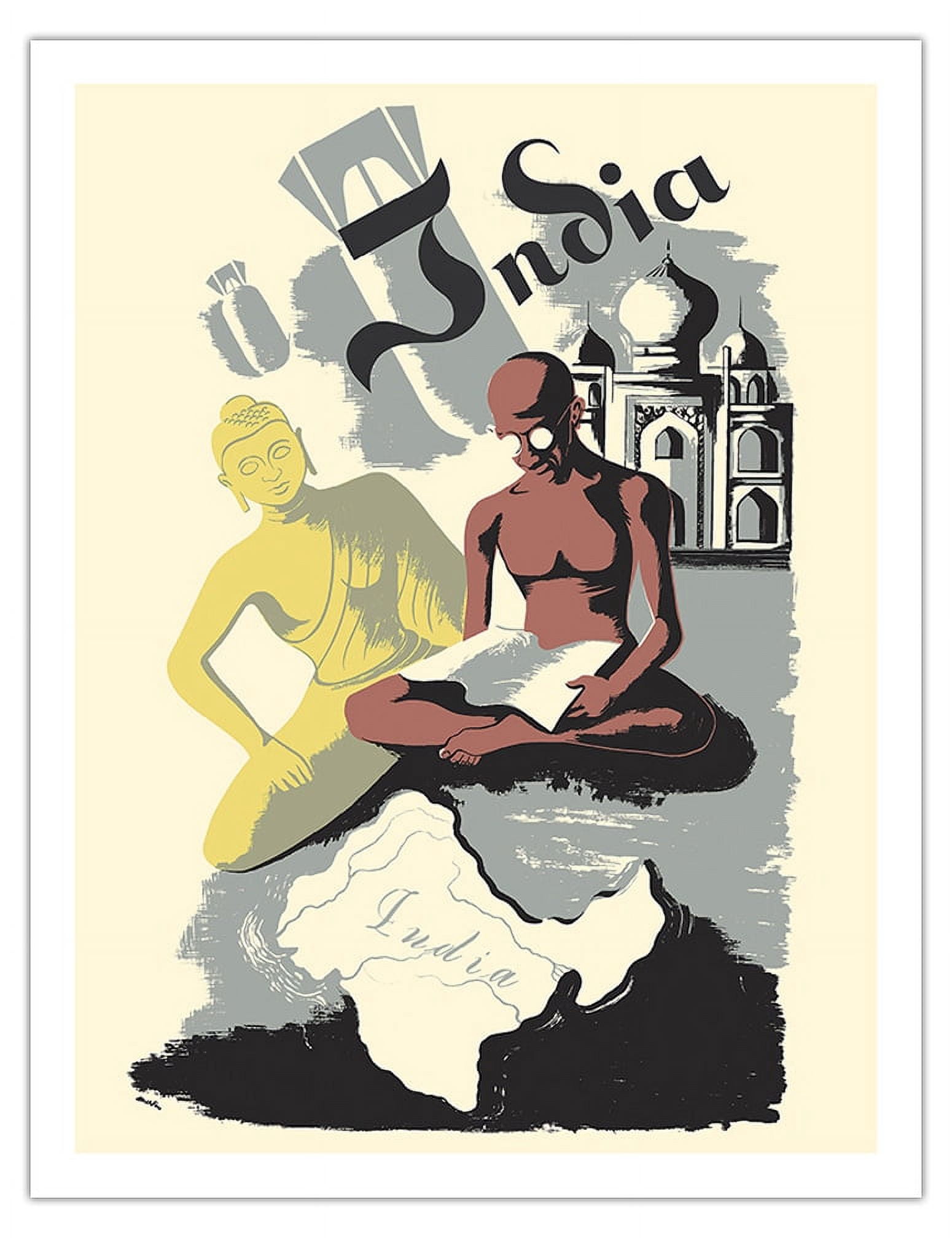 India - Buddha Gandhi & The Taj Mahal - Vintage Travel Poster by ...