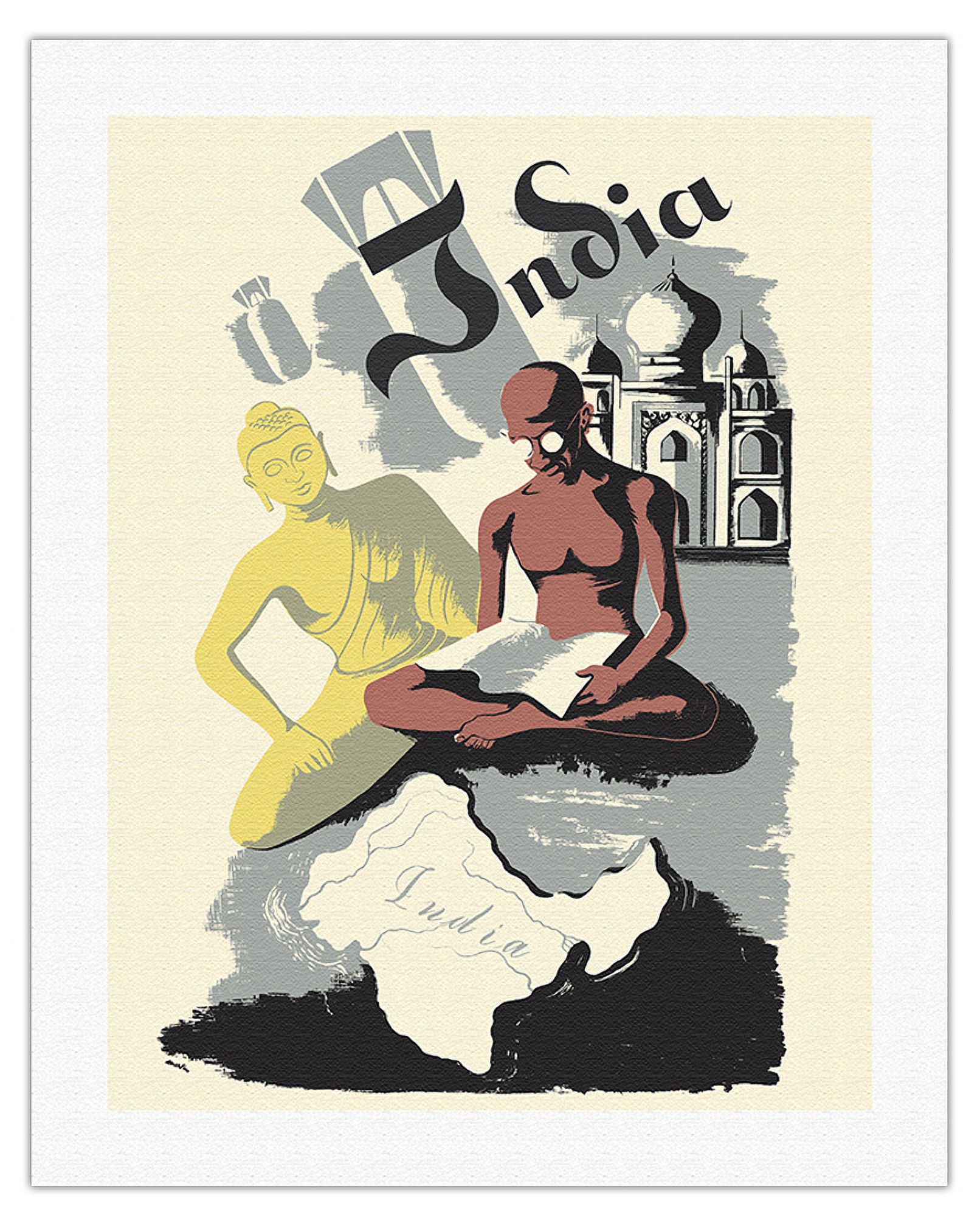 India - Buddha Gandhi & The Taj Mahal - Vintage Travel Poster by ...