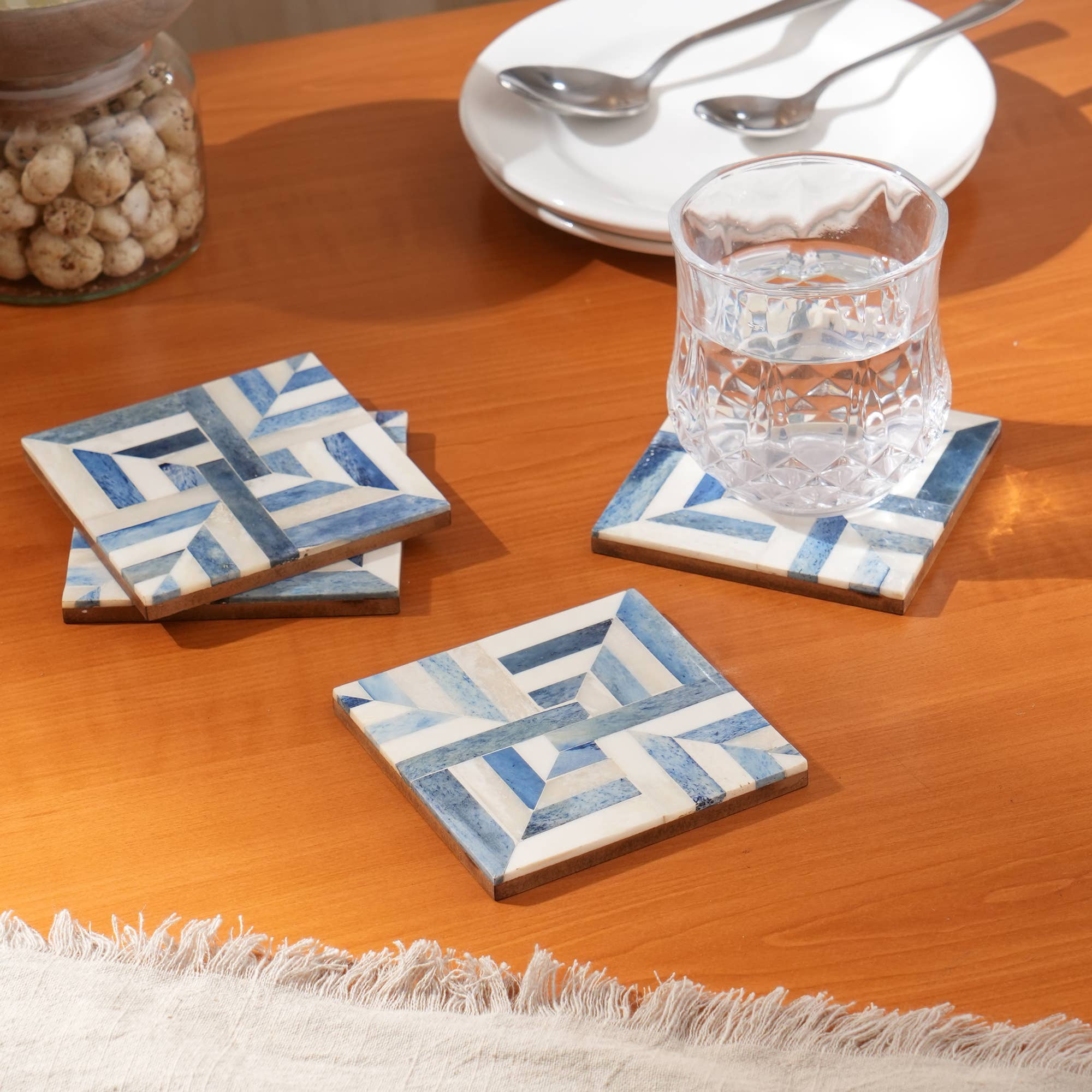 Expobazaar Handmade Flip Inlay Bone Coaster Set of 4 - White/Blue ...