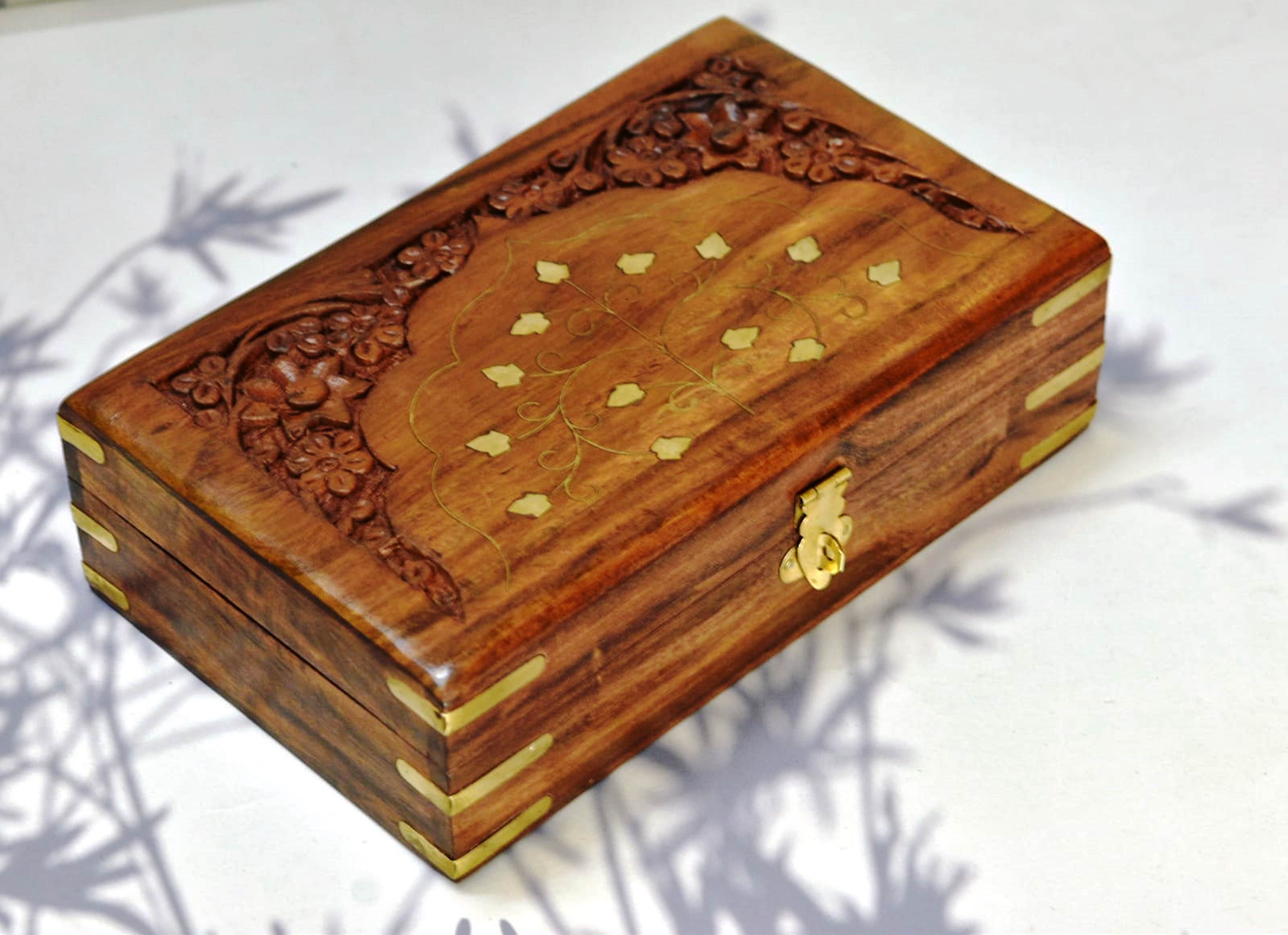India House-Hand Engraved Inlaid Brass Chips Wooden Box Keepsake ...