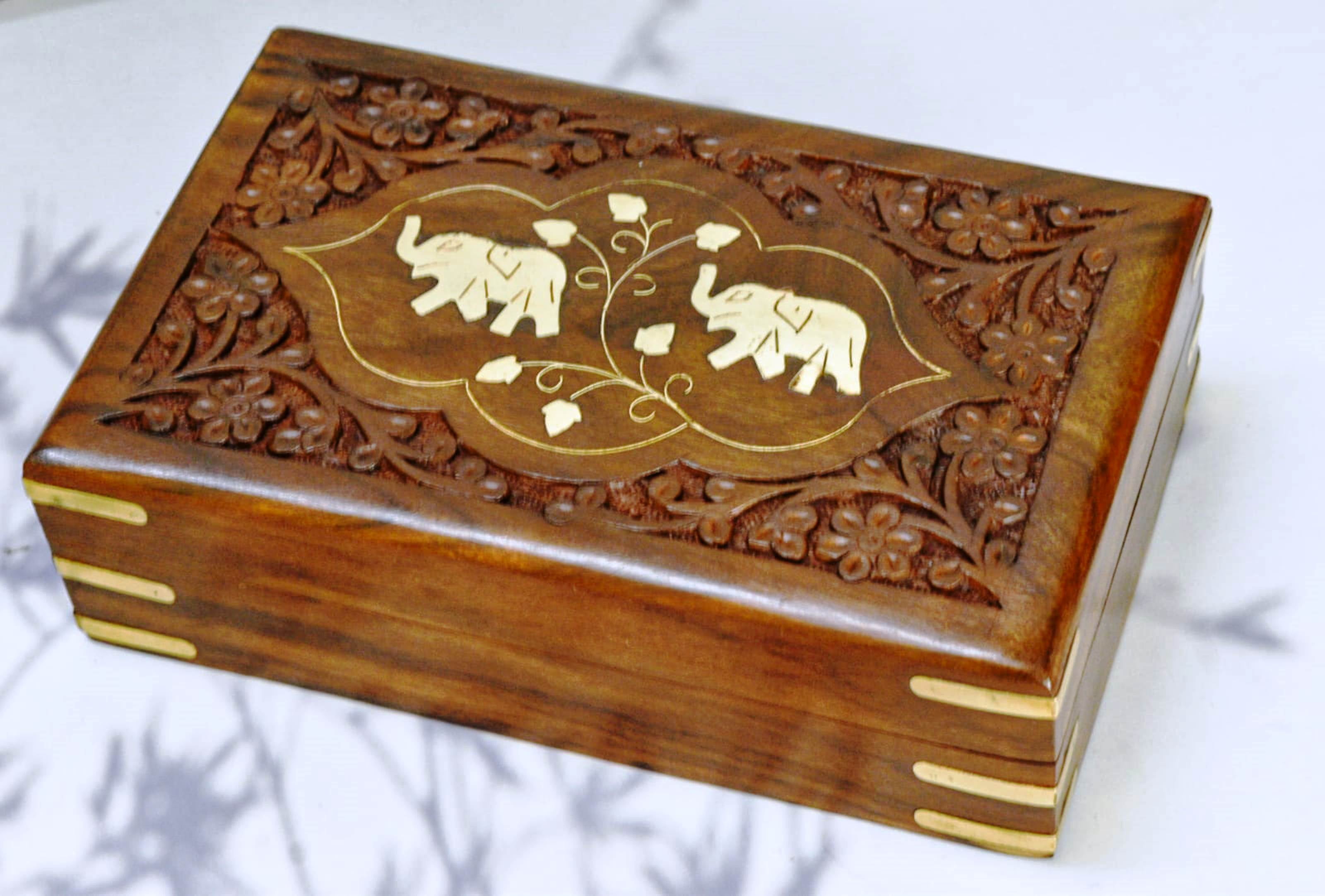 India House-Hand Engraved Inlaid Brass Chips Wooden Box Keepsake ...